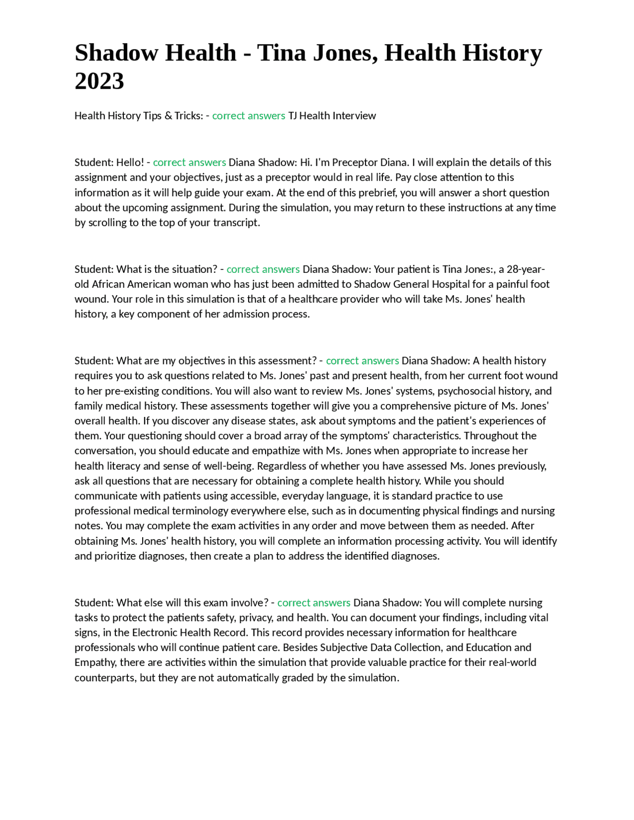 Shadow Health - Tina Jones, Health History 2023 | Exams Nursing | Docsity