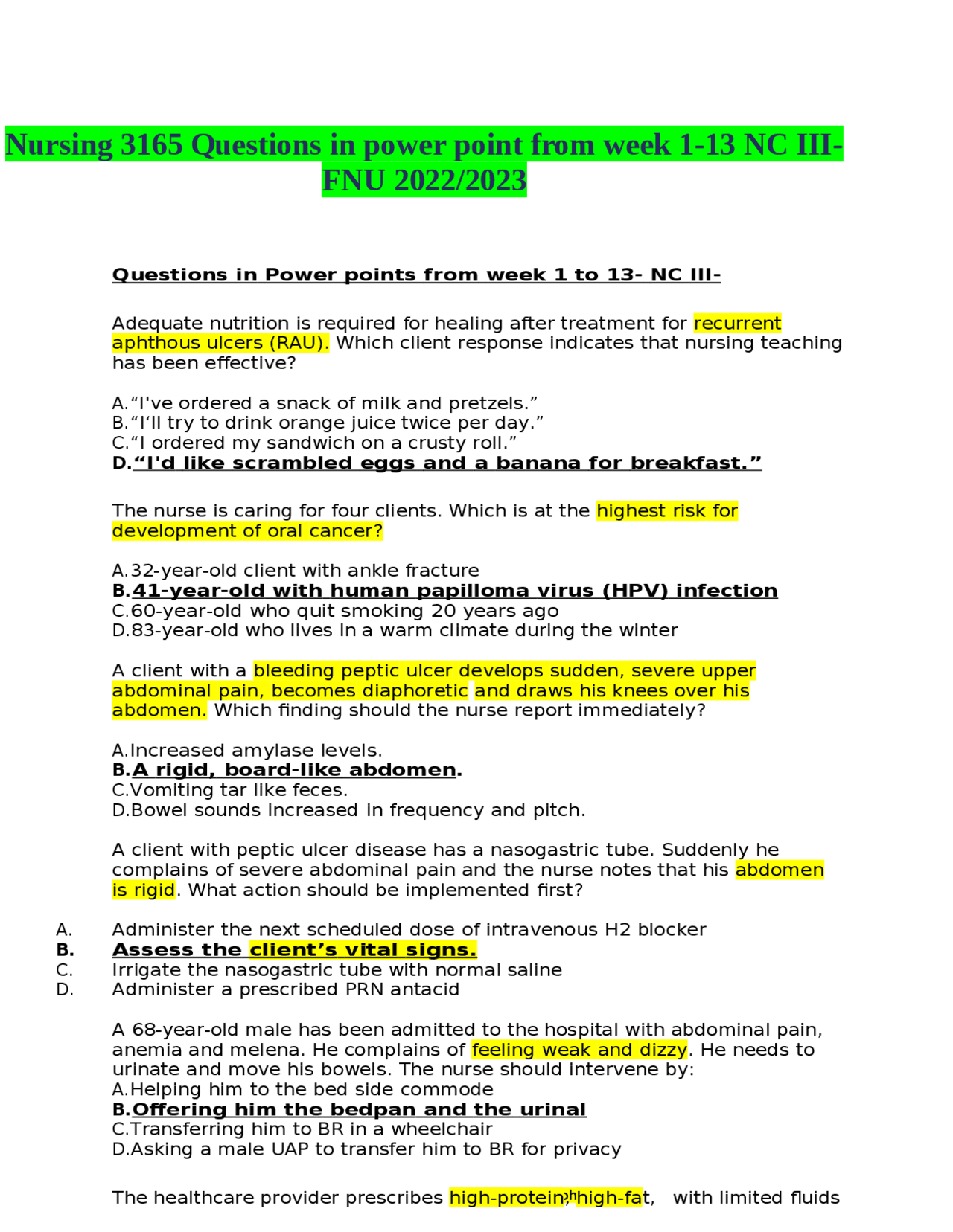 ursing 3165 Questions in power point from week 1-13 NC III- FNU 2022/ ...