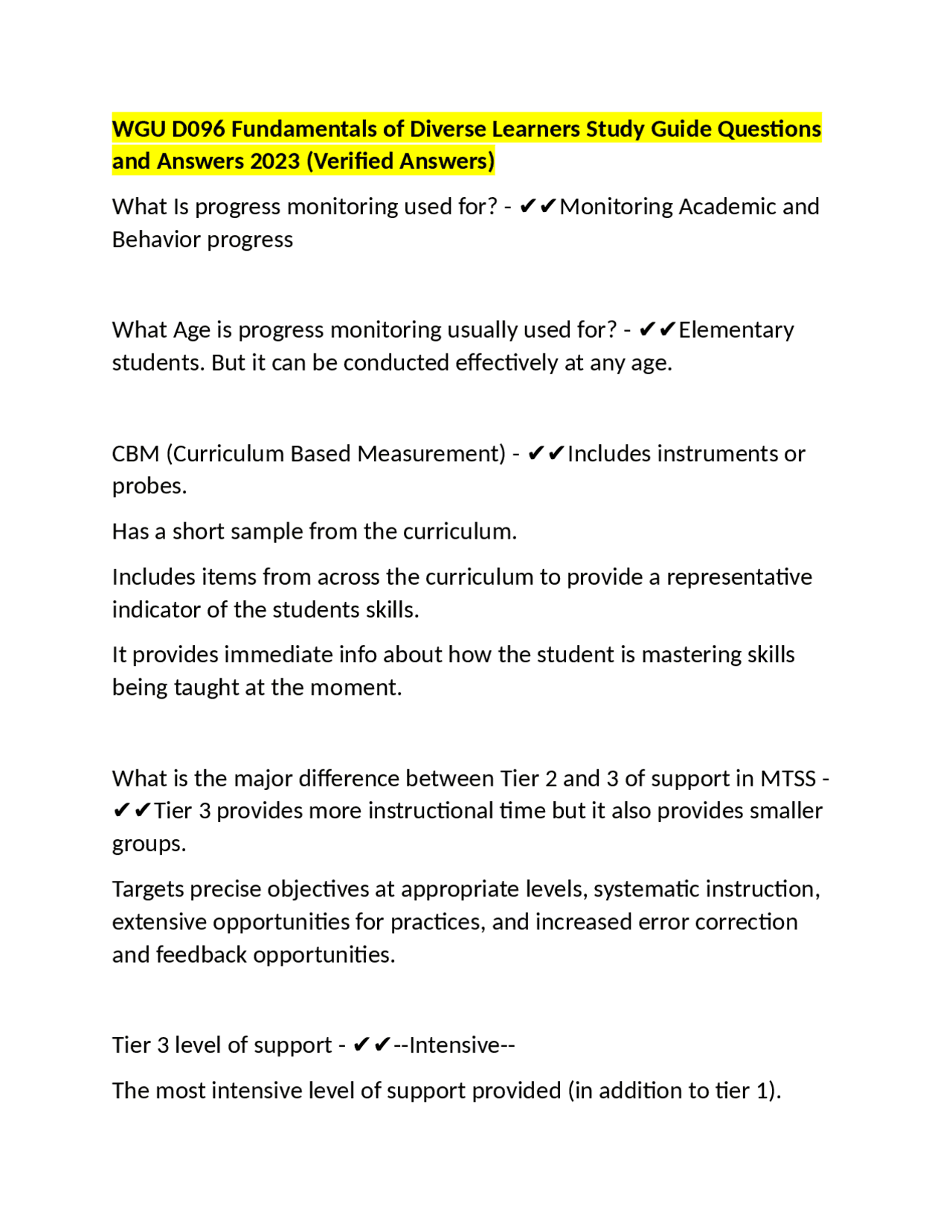 WGU D096 Fundamentals of Diverse Learners Study Guide Questions and ...