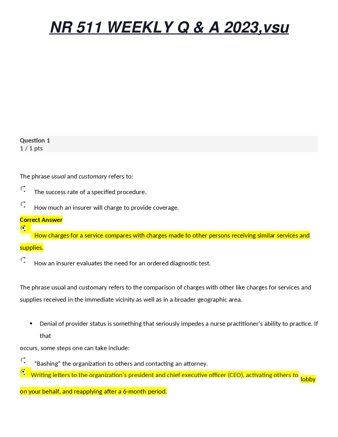 NR 511 WEEKLY Q & A 2023,vsu | Exams Nursing | Docsity
