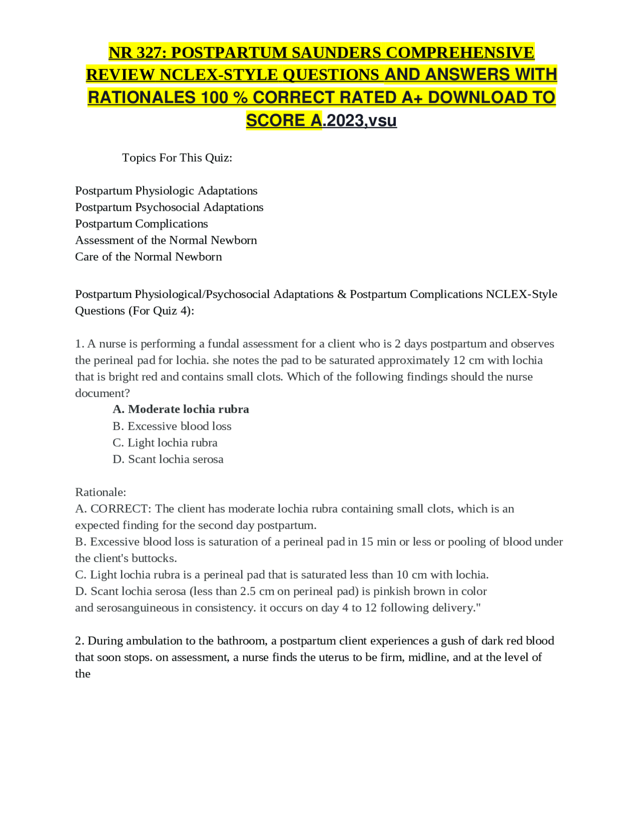 NR 327: POSTPARTUM SAUNDERS COMPREHENSIVE REVIEW NCLEX-STYLE QUESTIONS ...
