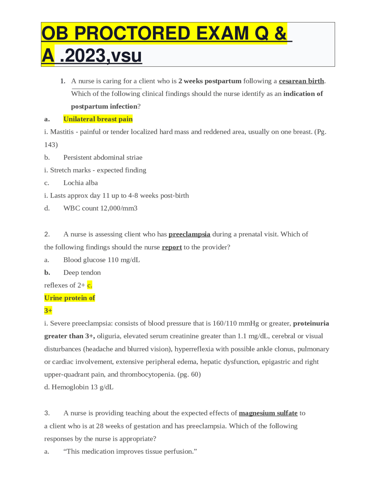 OB PROCTORED EXAM Q & A .2023,vsu | Exams Nursing | Docsity