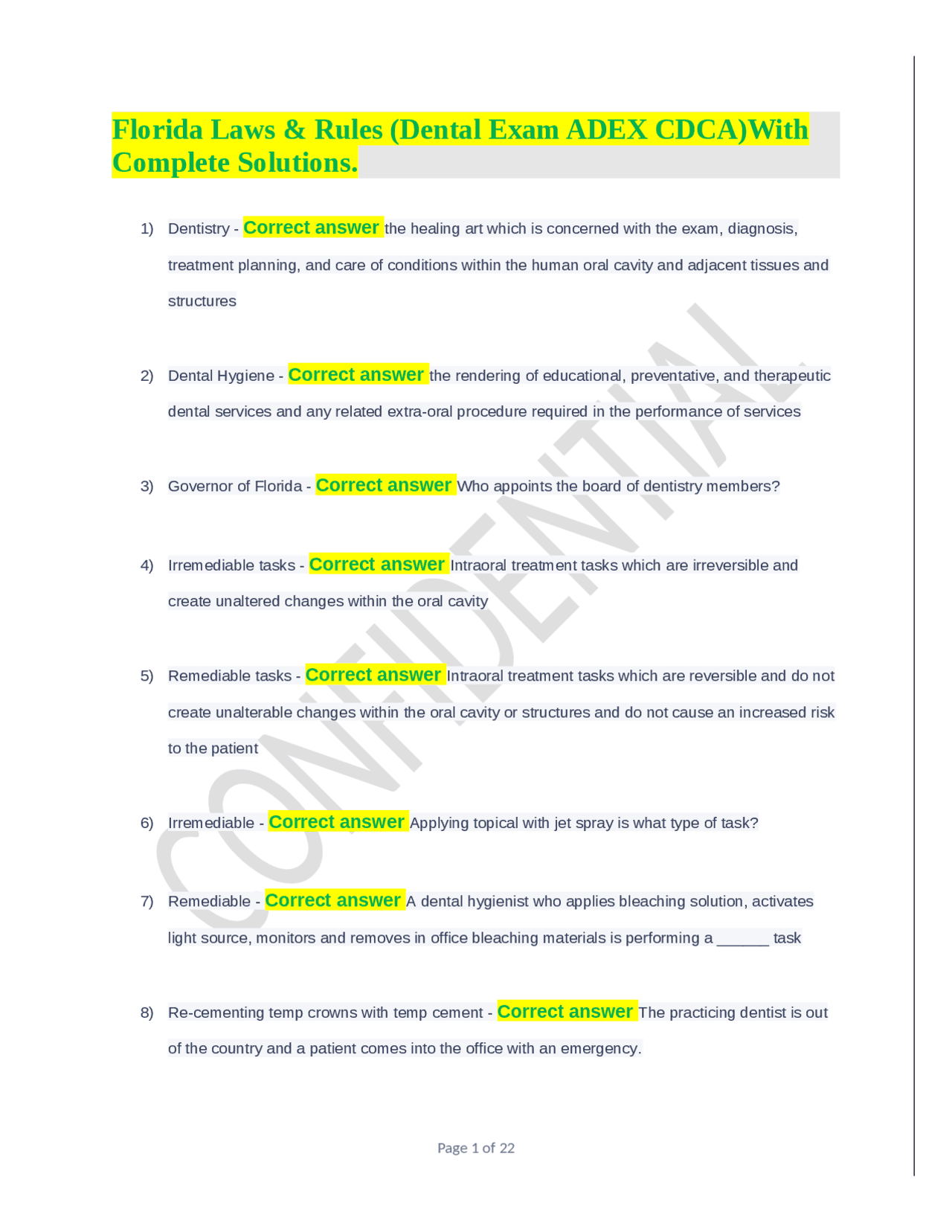 Florida Laws & Rules (Dental Exam ADEX CDCA)With Complete Solutions ...