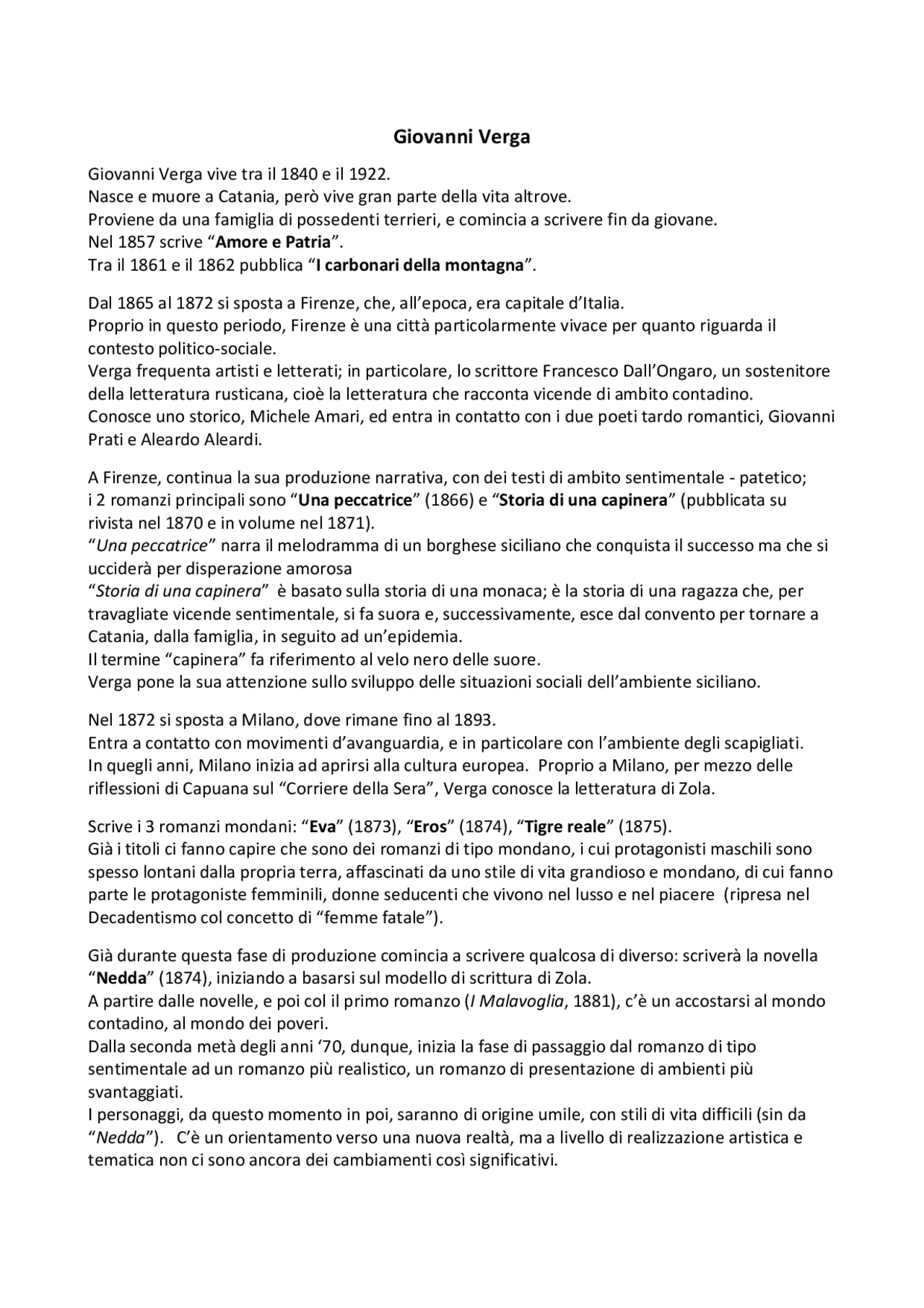 Giovanni Verga - Vita e Opere (APPUNTI COMPLETI) | Sbobinature di Italiano | Docsity