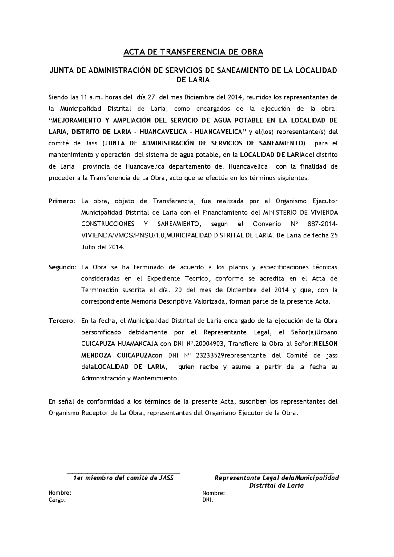 Modelo Del Acta Para Entrega A Jass Ejercicios De Obras De
