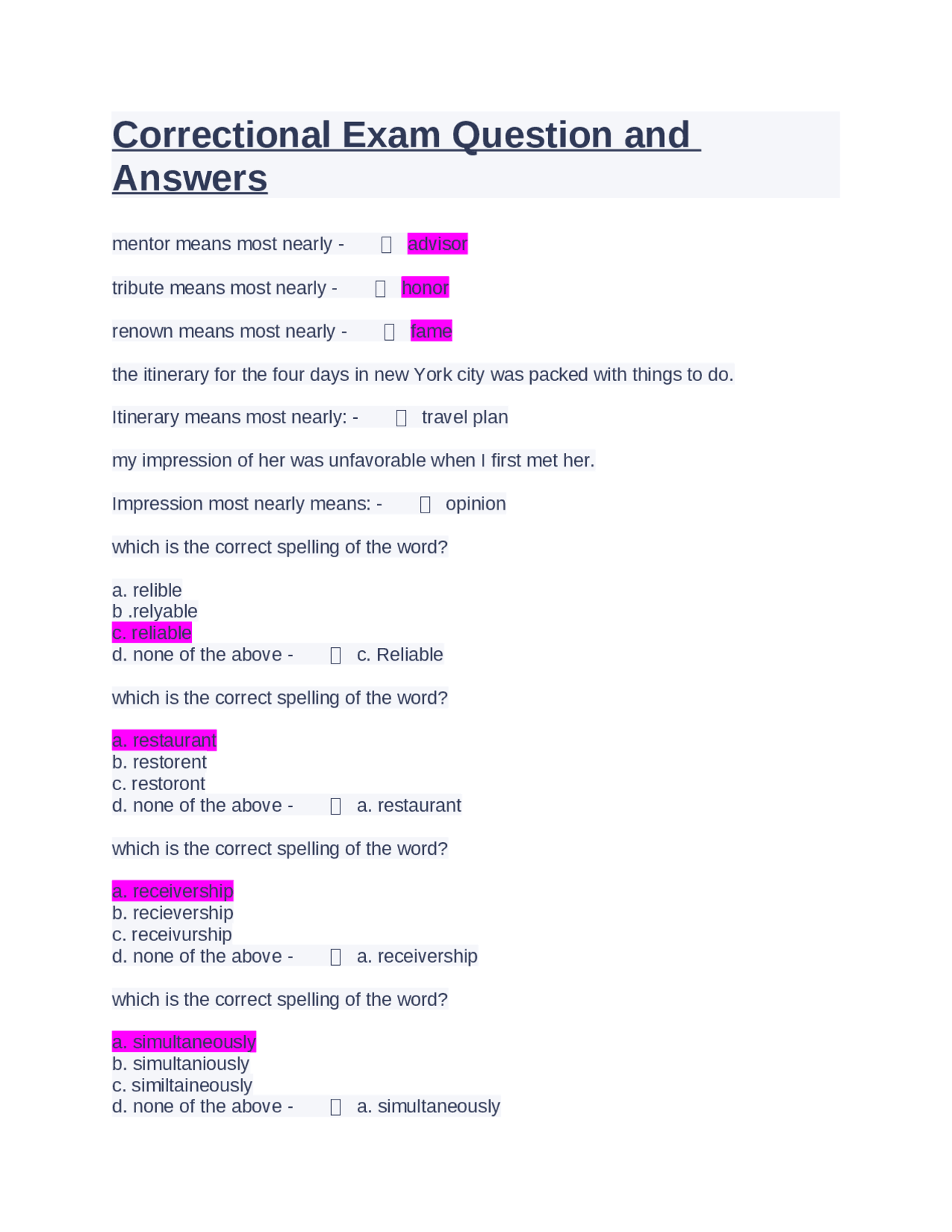 Correctional Exam Question and Answers | Exams Nursing | Docsity