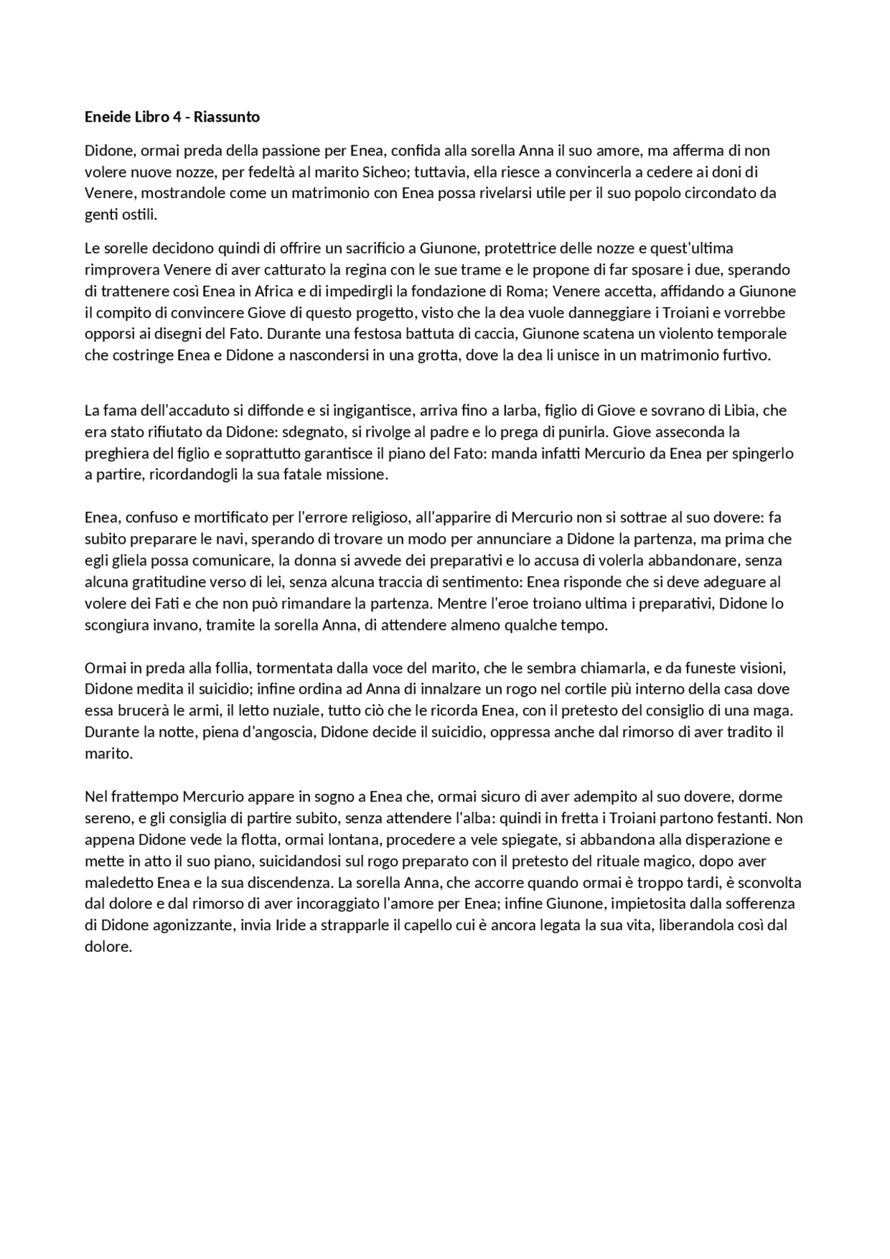 riassunto completo libro 4 dell'Eneide | Schemi e mappe concettuali di Italiano | Docsity