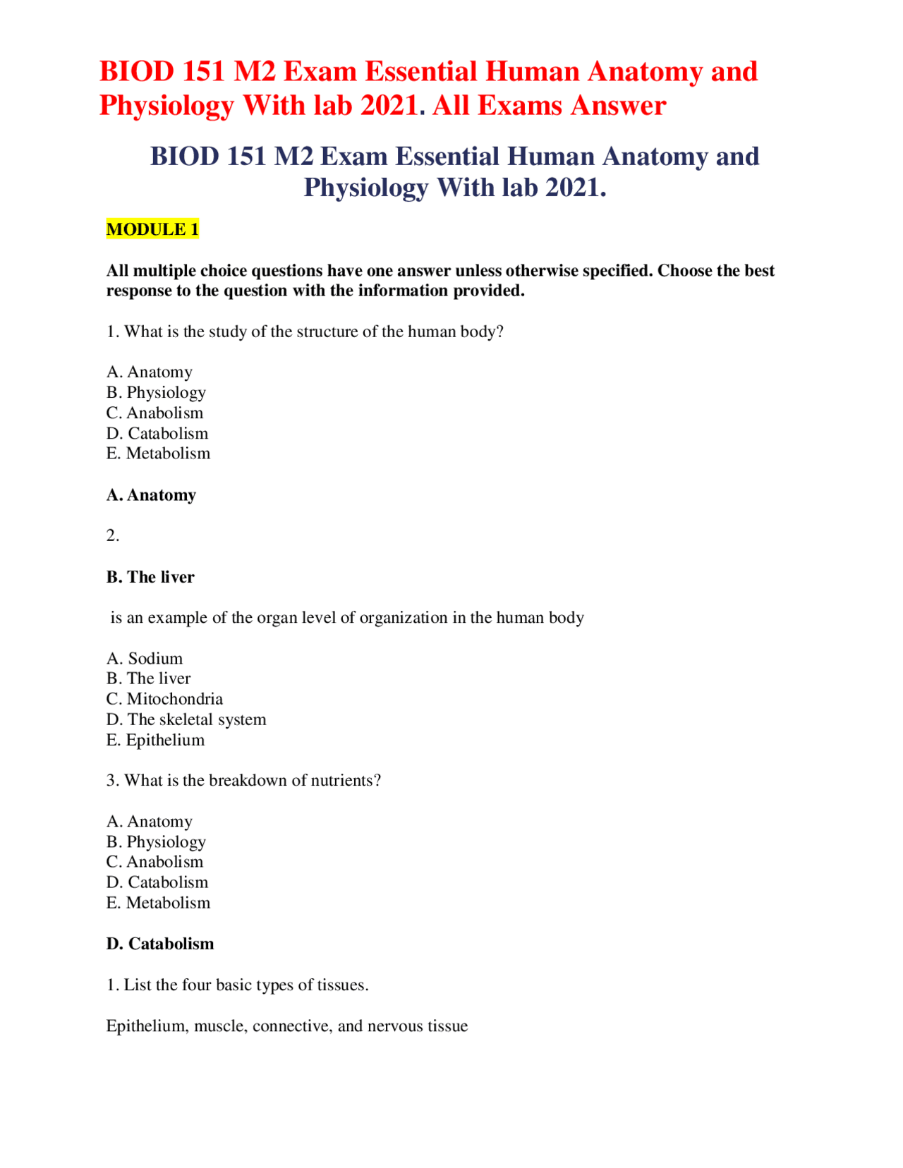 BIOD 151 M2 Exam Essential Human Anatomy and Physiology With lab 2021. All Exams Answer | Exams ...
