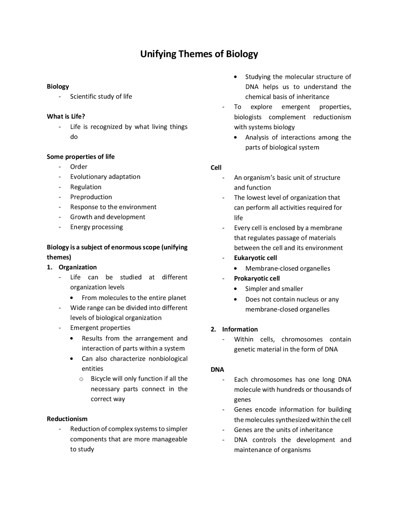 Zoology Lecture Unifying Themes of Biology | Lecture notes Zoology ...