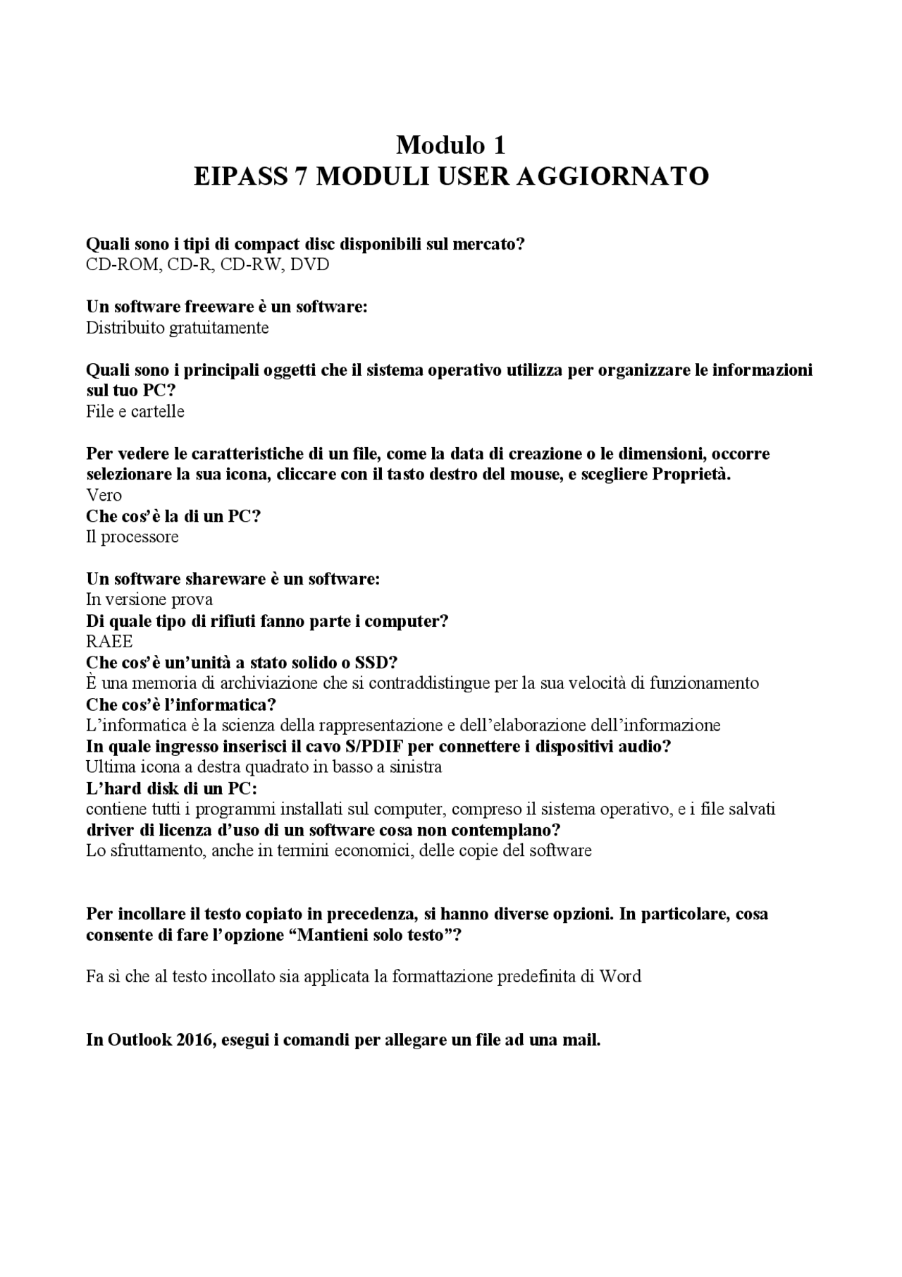 SOLUZIONI AGGIORNATE RISPOSTE EIPASS 7 MODULI USER - MODULO 1 | Panieri di Elementi di ...