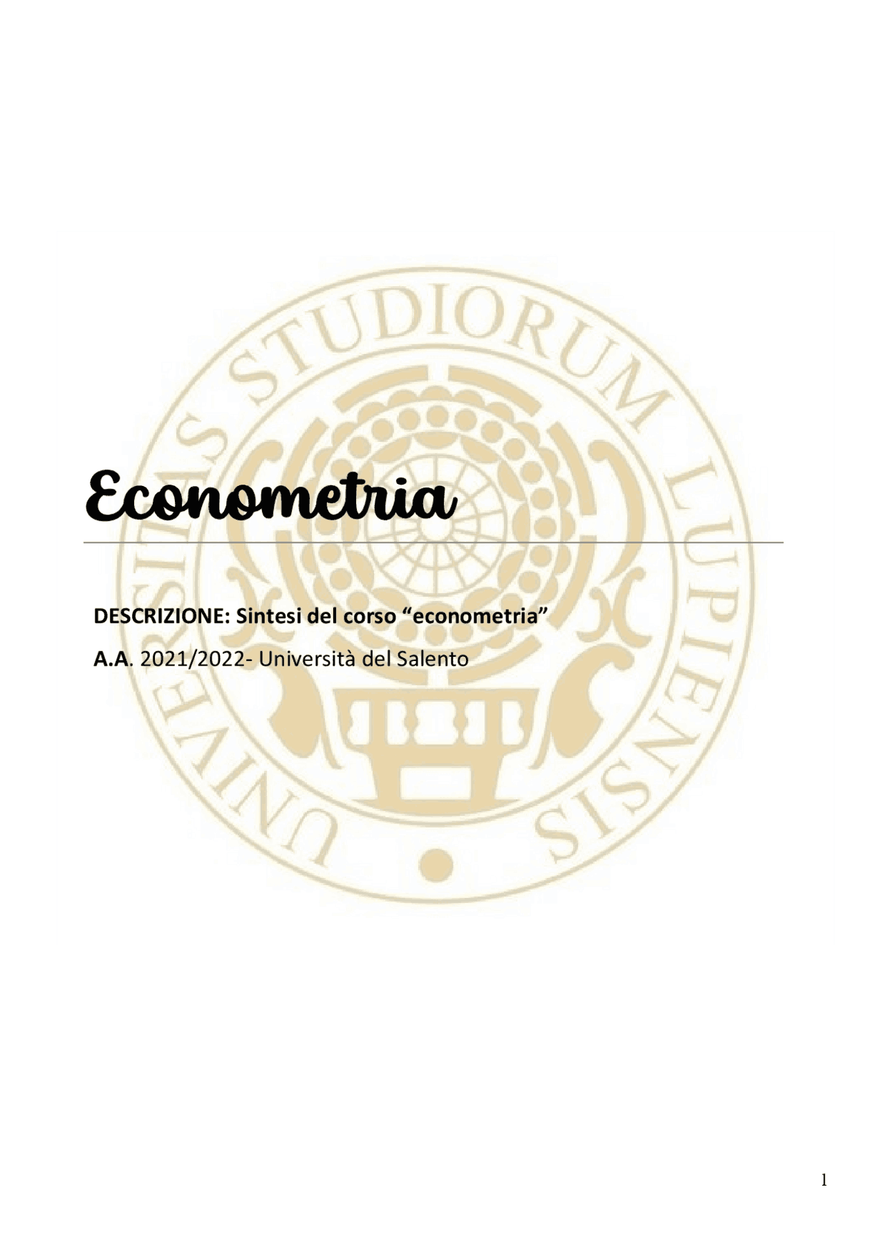 Riassunto econometria | Appunti di Econometria | Docsity