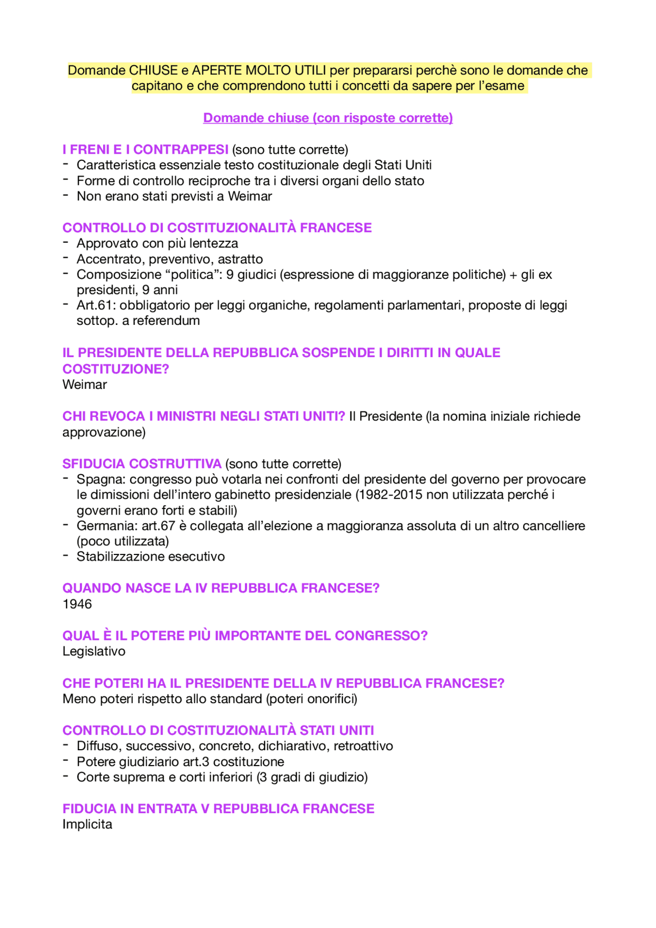 Domande (e risposte) esame diritto comparato Caravale | Prove d'esame di Diritto Costituzionale ...