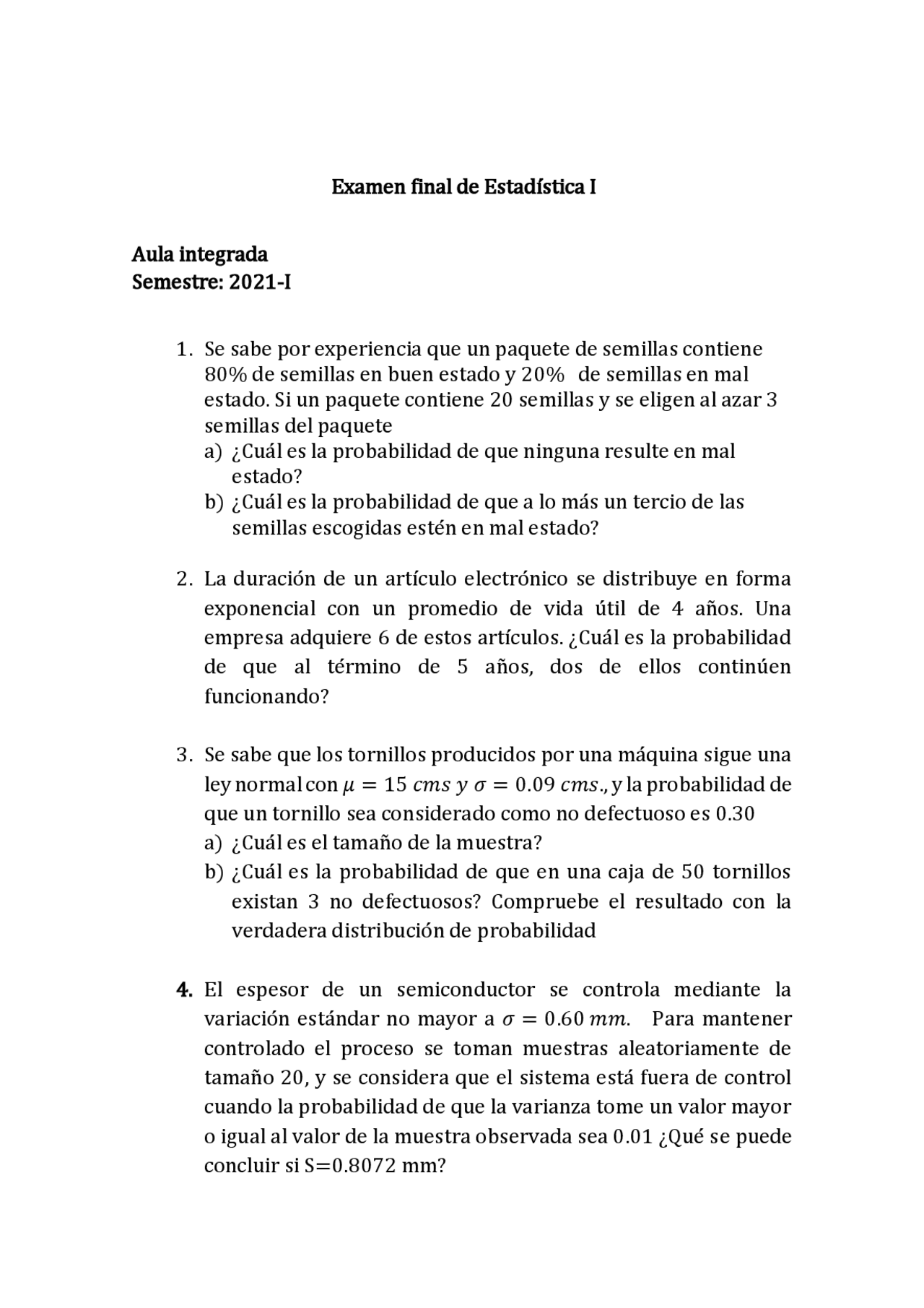 Exámenes finales de Nelly Morillo | Exámenes de Estadística | Docsity