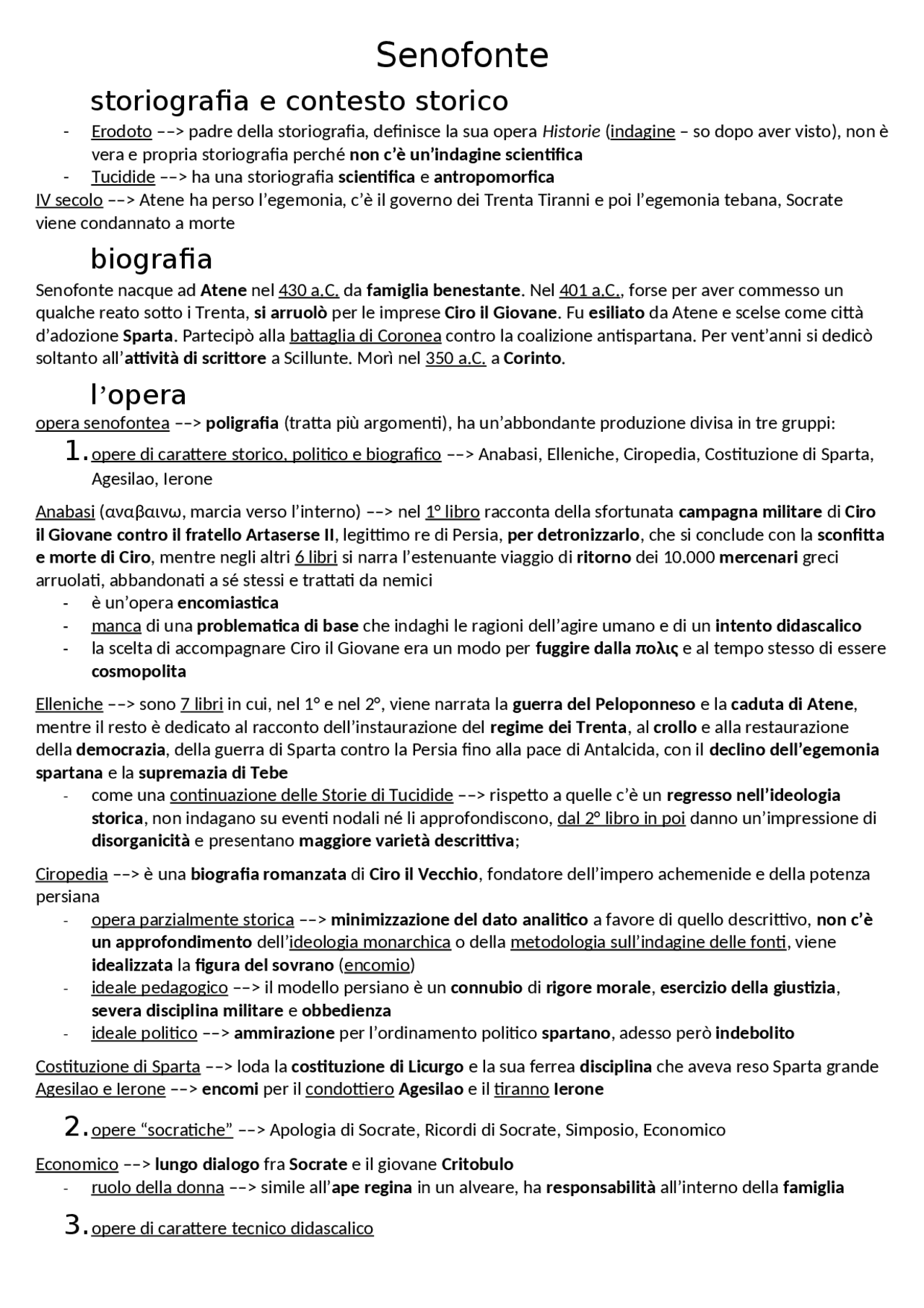 Appunti Di Greco Su Senofonte E Le Sue Opere Schemi E Mappe Concettuali Di Greco Docsity