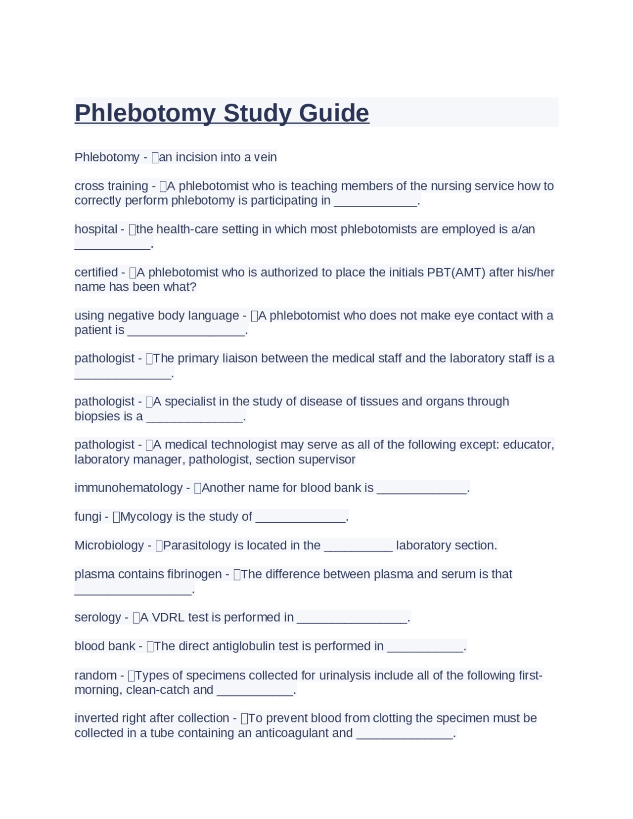 Phlebotomy Study Guide | Exams Biology | Docsity
