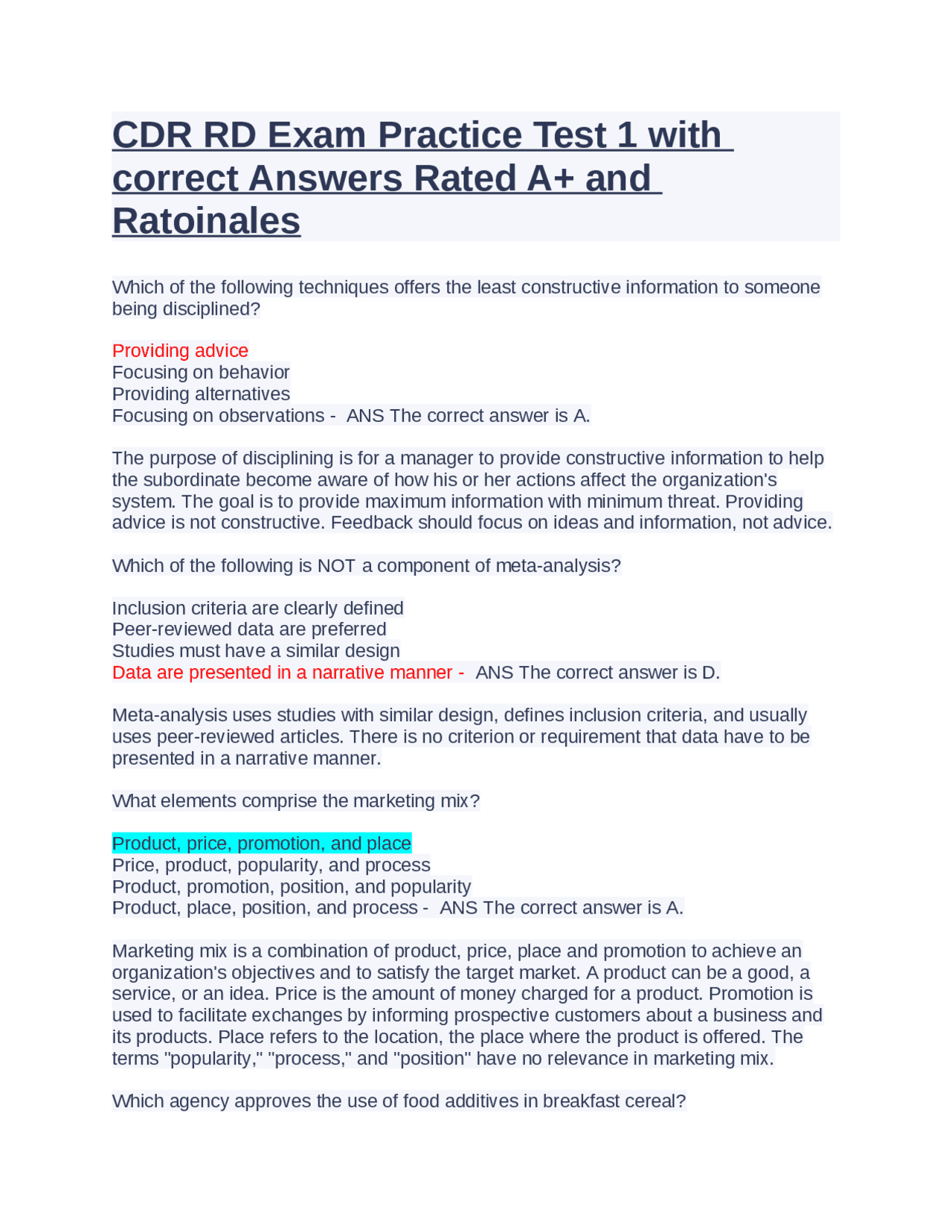 CDR RD Exam Practice Test 1 with correct Answers Rated A+ and ...