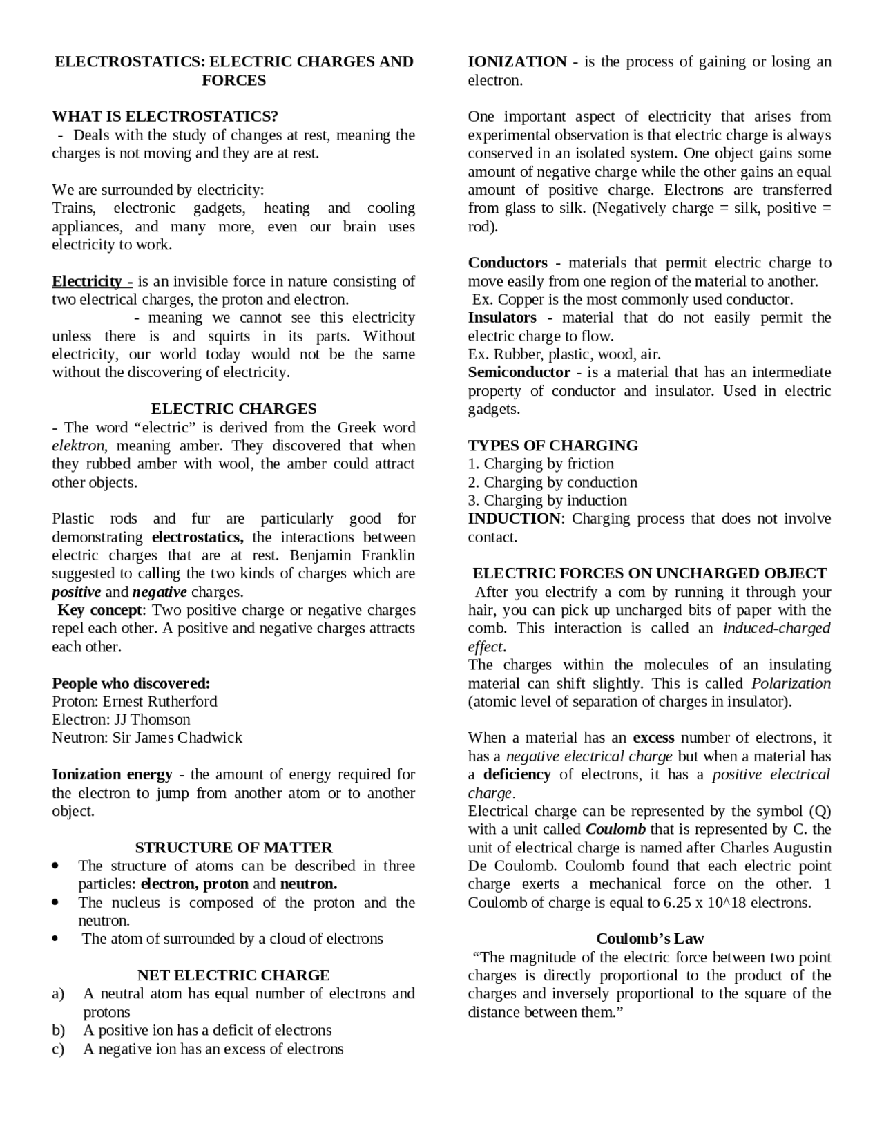 ELECTROSTATICS: ELECTRIC CHARGES AND FORCES | Lecture notes ...