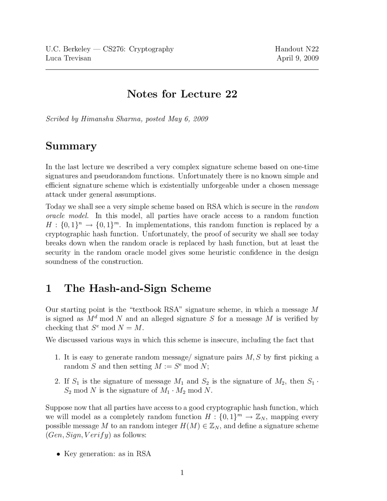 The Hash And Sign Scheme Luca Trevisan Uc Berkeley Lecture Notes