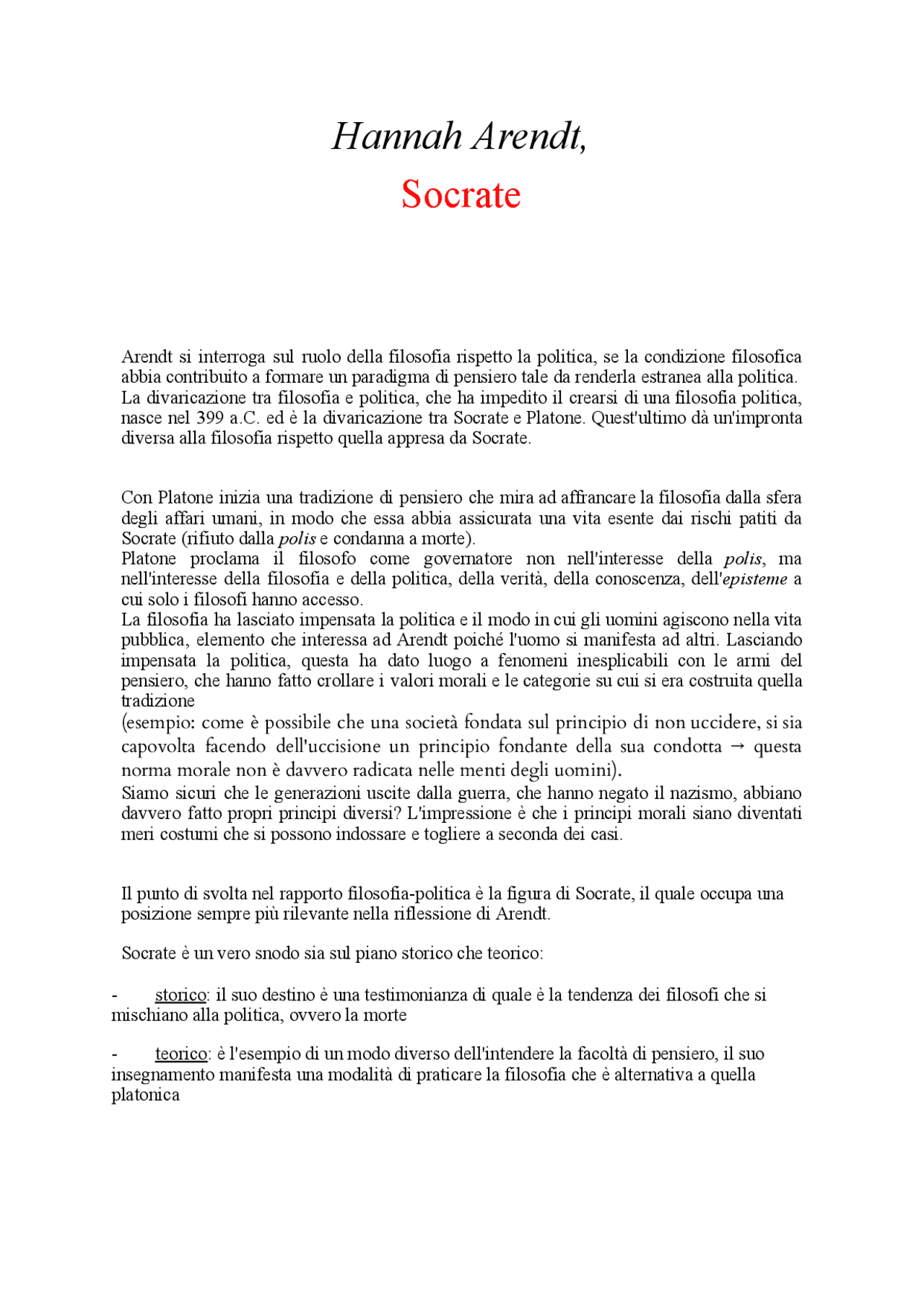 Hannah Arendt Socrate Sintesi Del Corso Di Filosofia Docsity