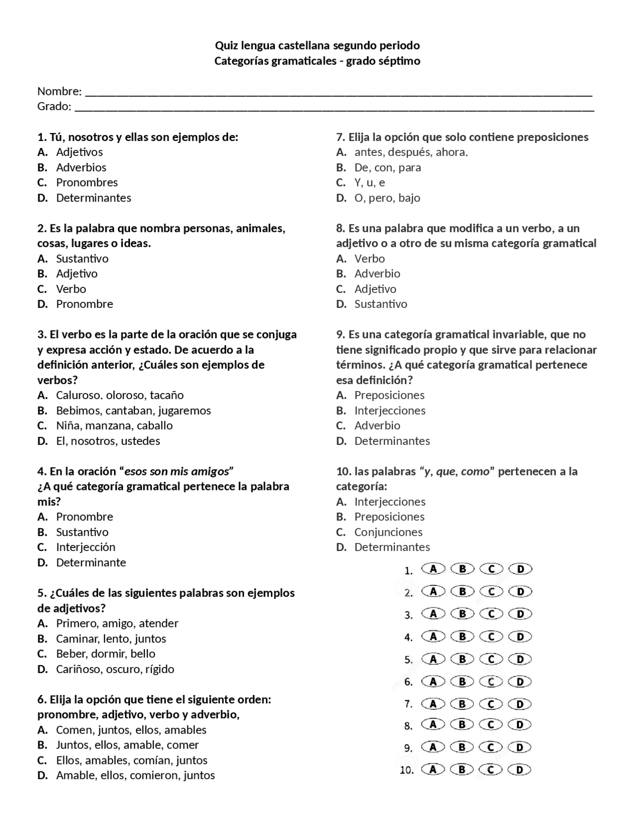 test categorías gramaticales | Exámenes selectividad de Lengua y ...