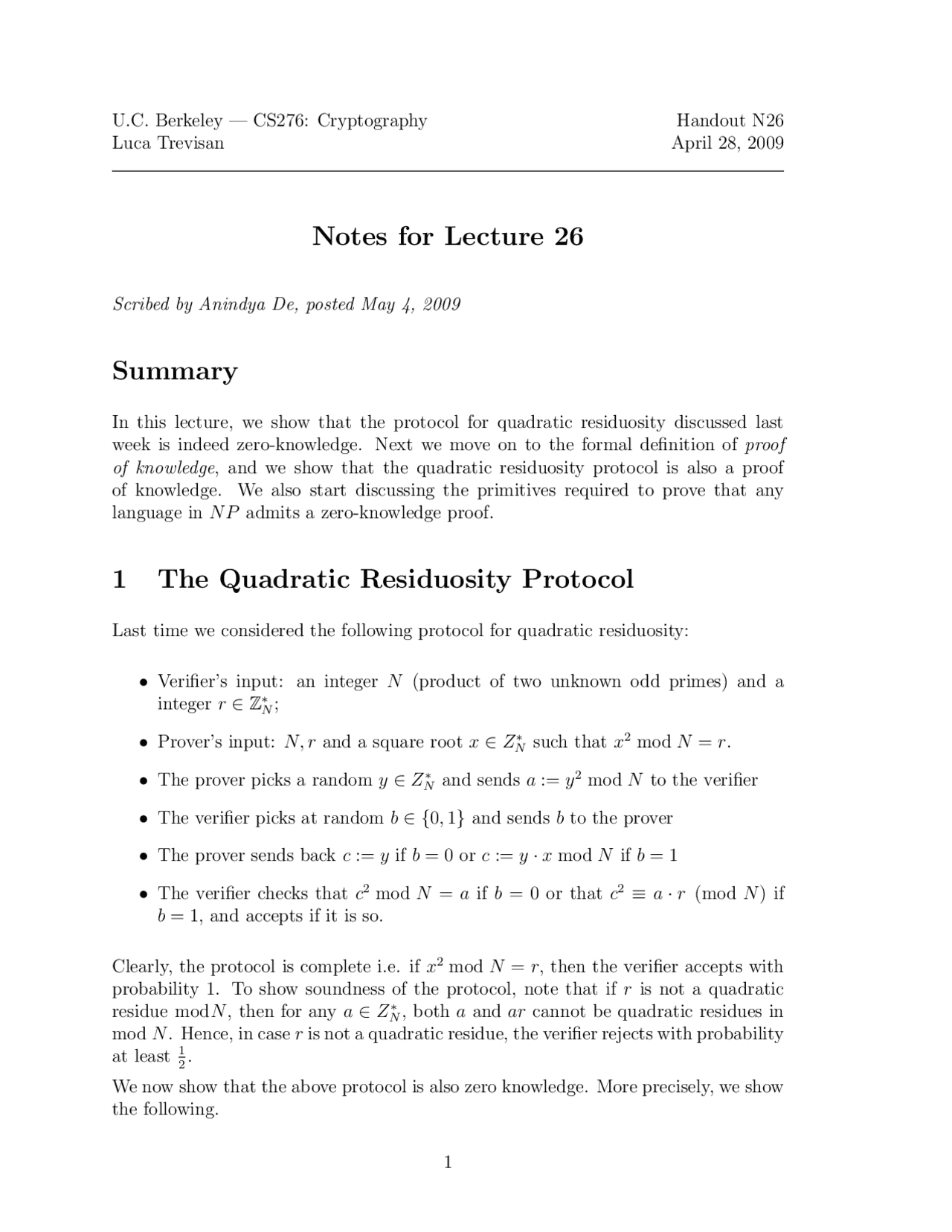 The Quadratic Residuosity Protocol Luca Trevisan Uc Berkeley