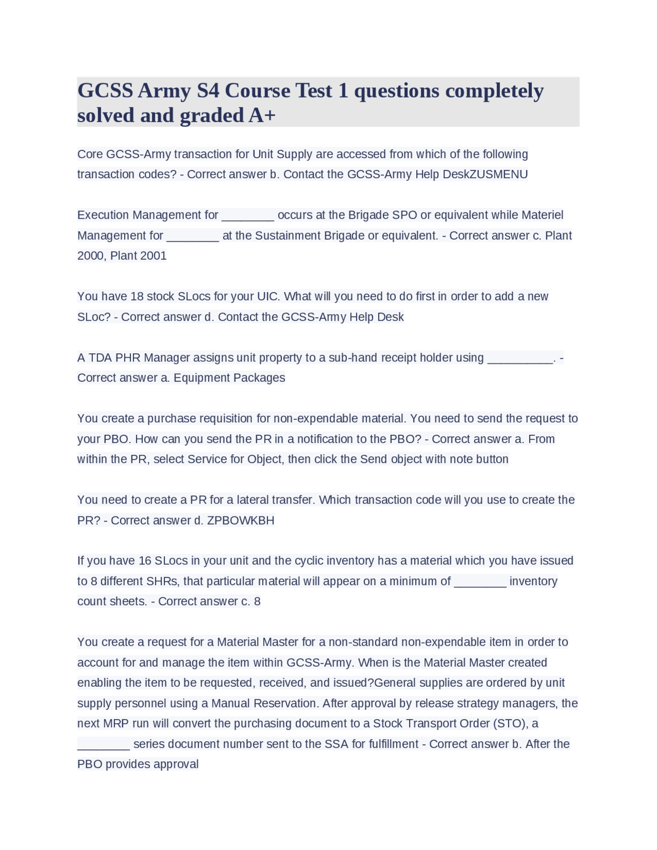 GCSS Army S4 Course Test 1 questions completely solved and graded A+ ...