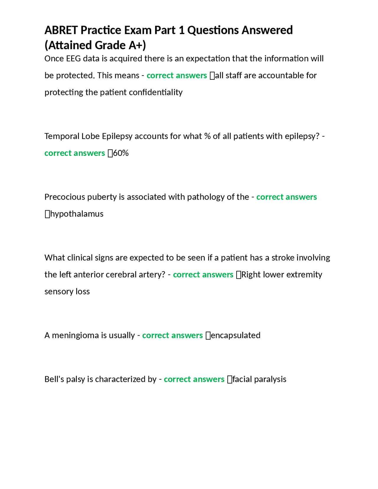 ABRET Practice Exam Part 1 Questions Answered (Attained Grade A+ ...