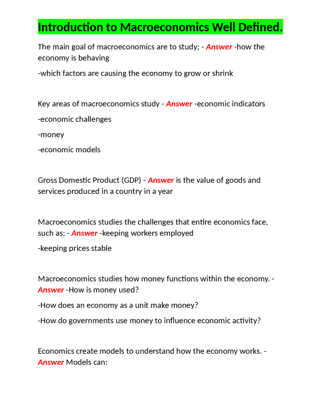 Introduction to Macroeconomics Well Defined. | Exams Nursing | Docsity