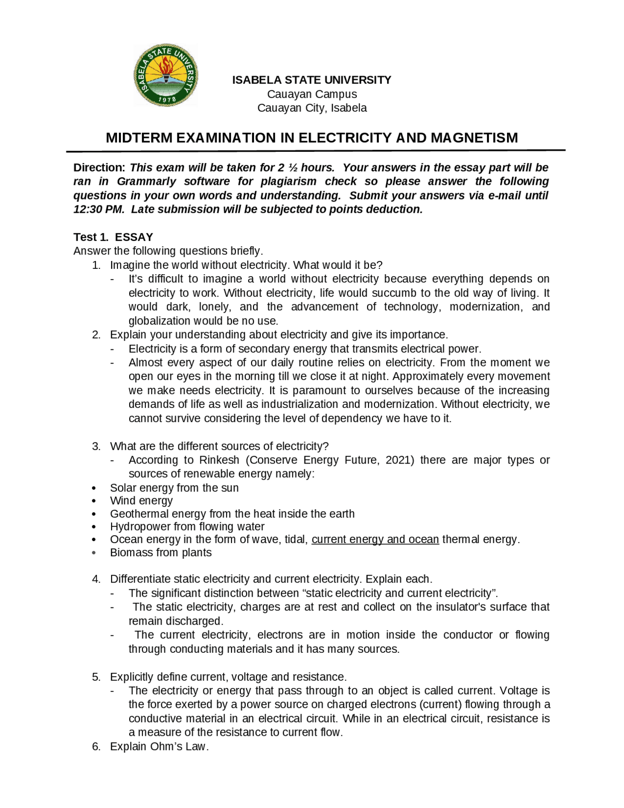 ELECTRICITY AND MAGNETISM test exam with answers | Exams ...