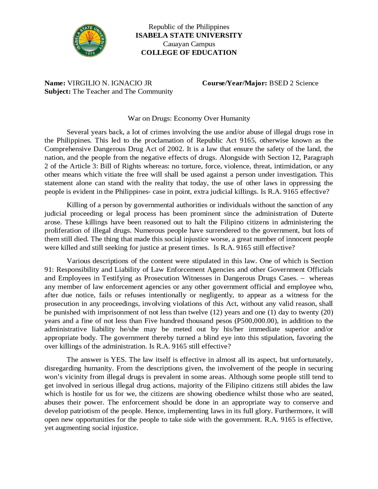 The Effectiveness of Republic Act 9165 in the Philippines' War on Drugs ...