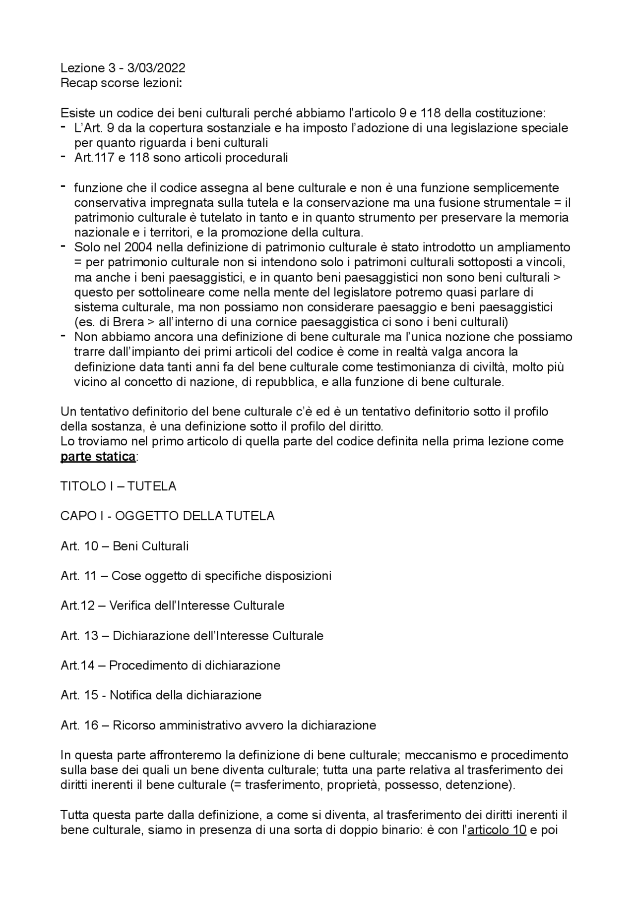 Legislazione dei beni culturali lezione 3 | Appunti di Diritto dei beni ...