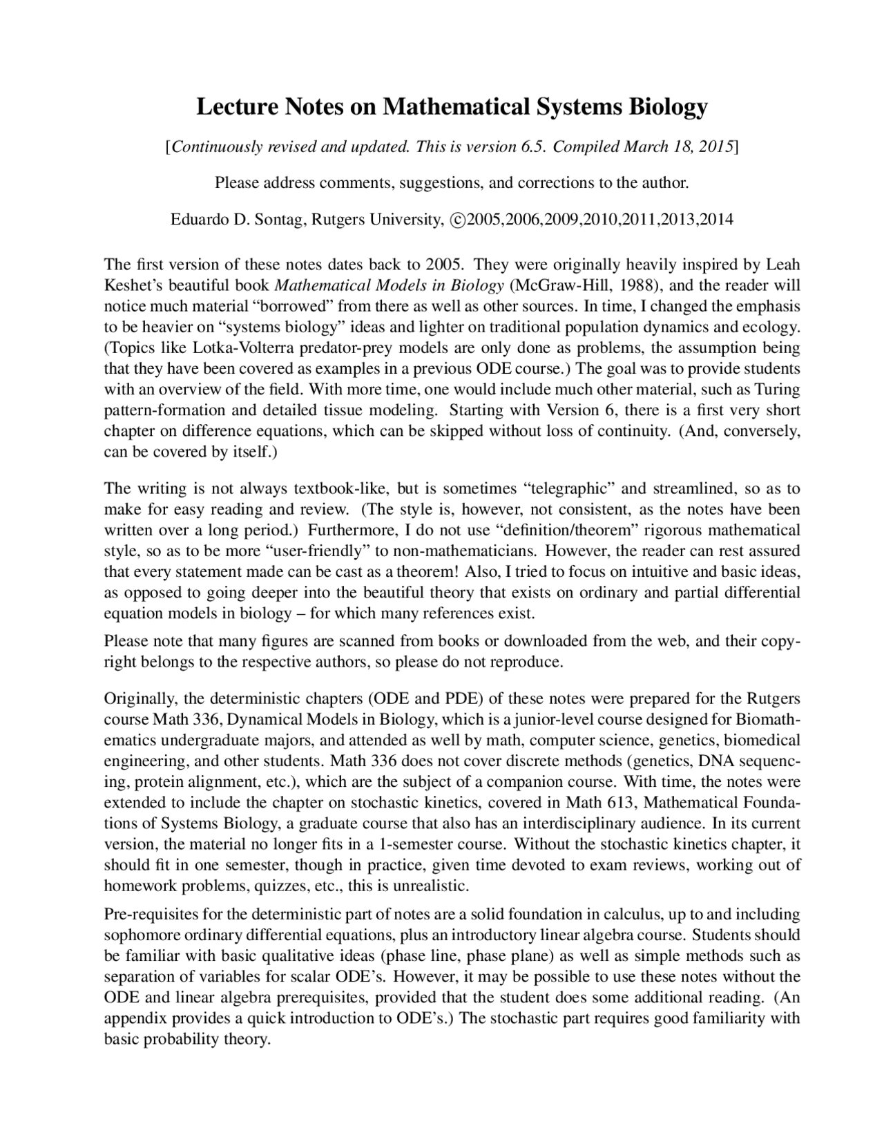 Lecture Notes on Mathematical Systems Biology | Lecture notes Biology ...