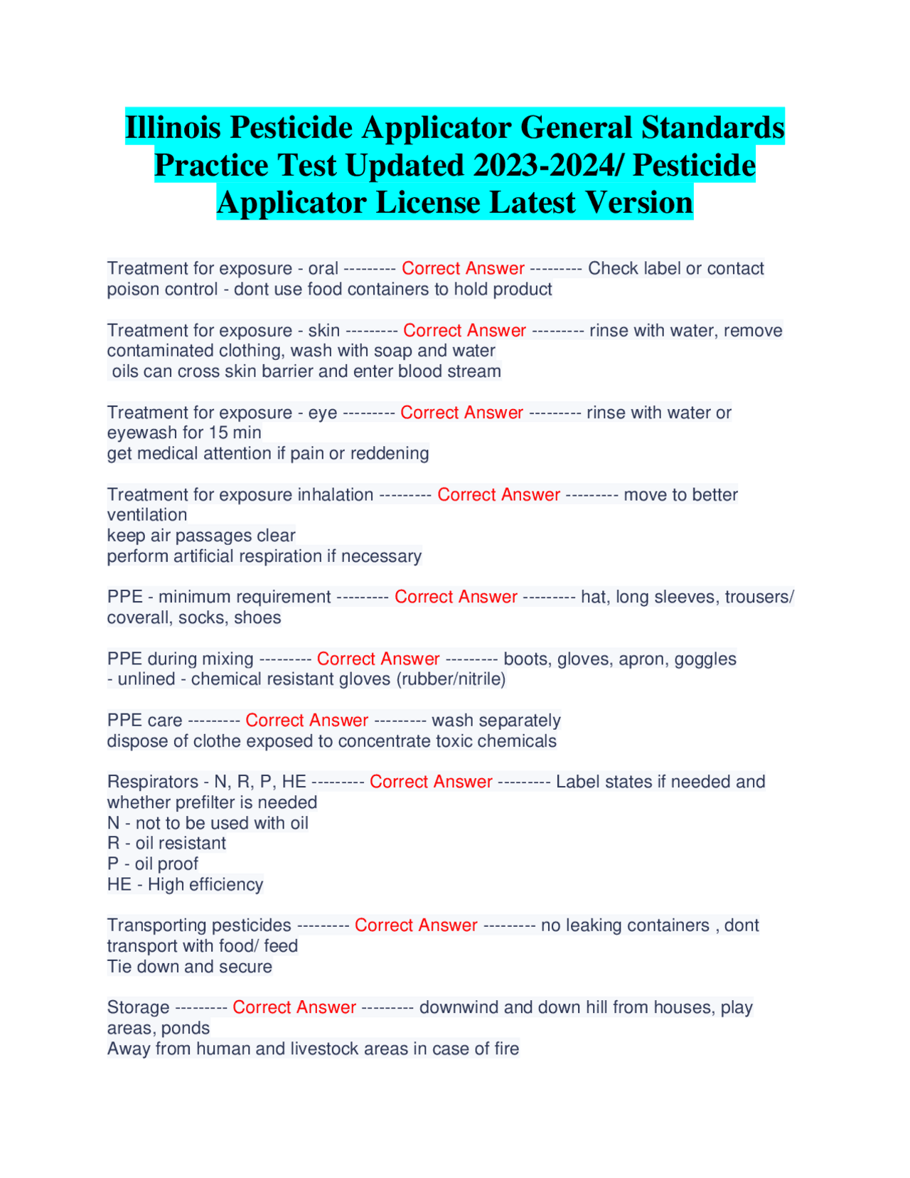 Illinois Pesticide Applicator General Standards Practice Test Updated ...