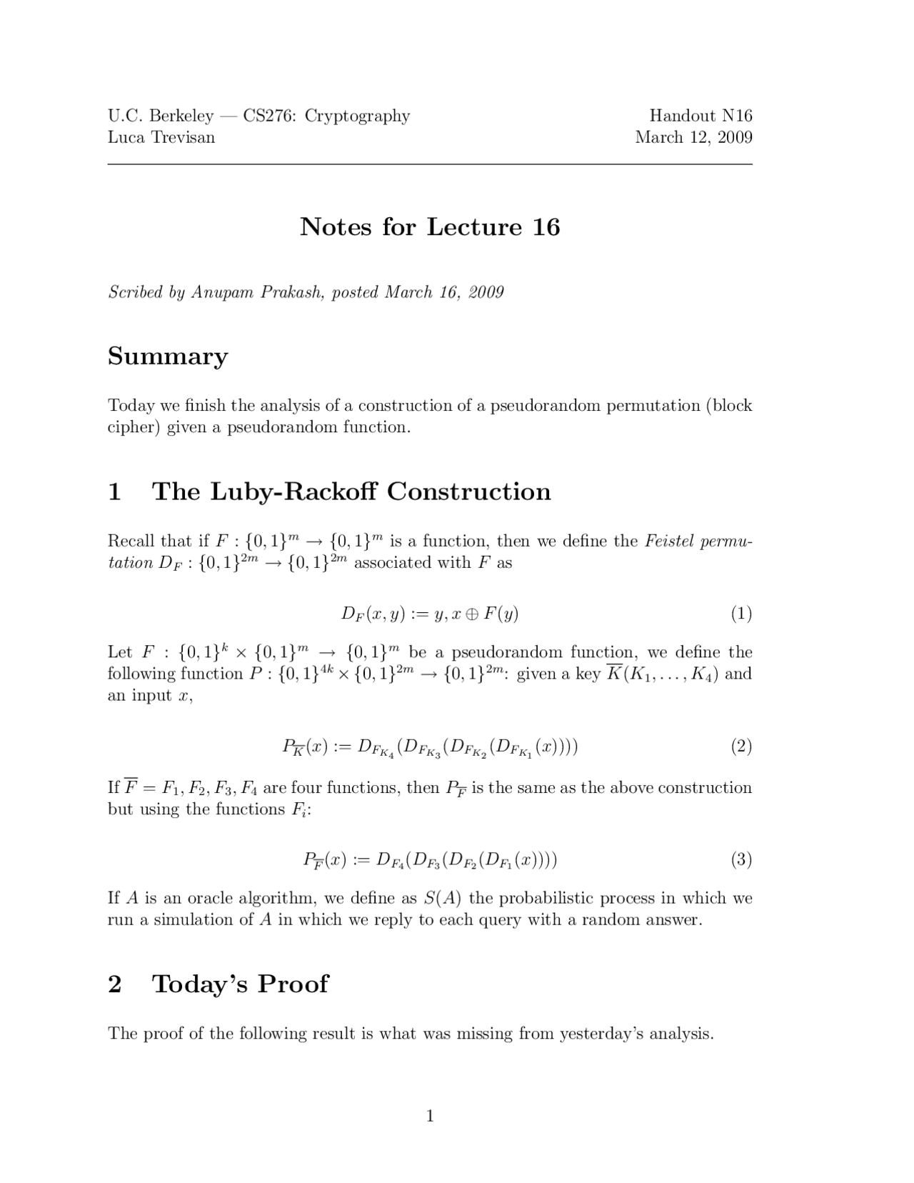 The Luby Rackoff Construction Luca Trevisan Uc Berkeley Lecture