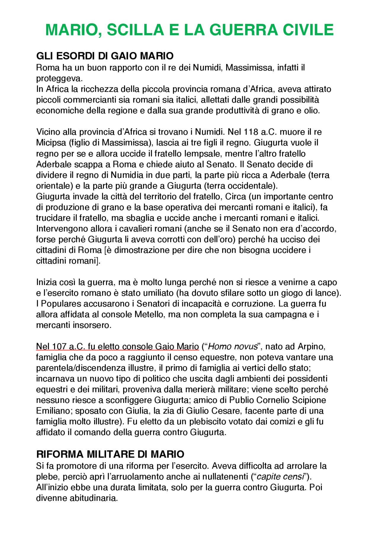 Gaio Mario, Scilla e la guerra civile | Appunti di Storia | Docsity