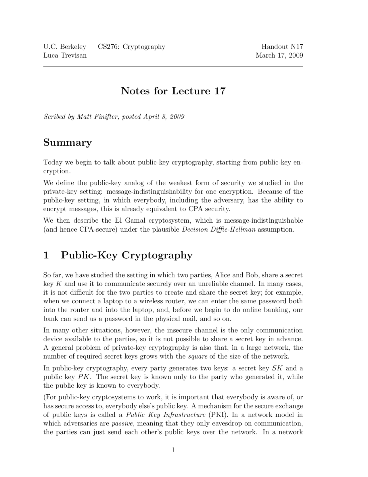 Public Key Cryptography Luca Trevisan Uc Berkeley Lecture Notes