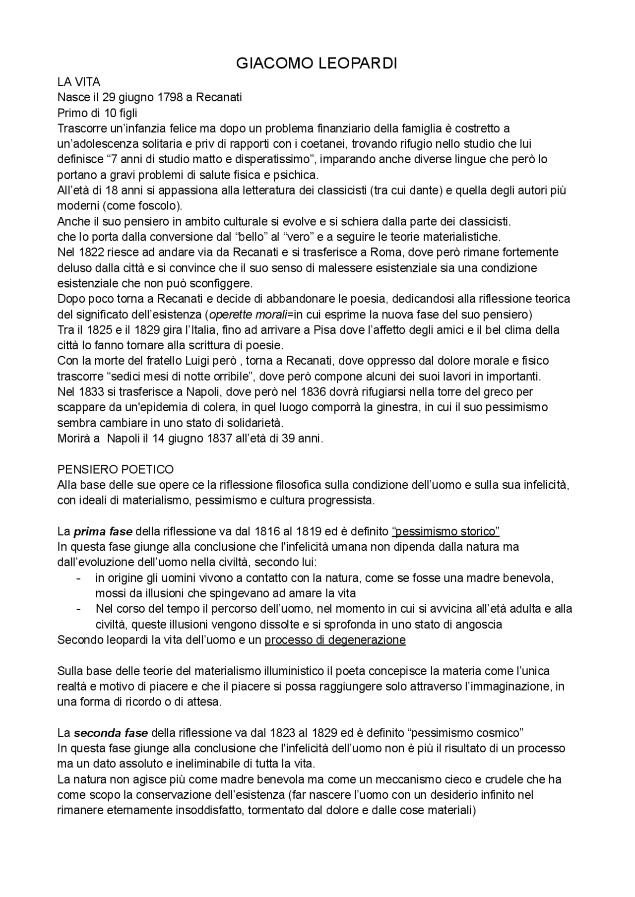 La vita, il pensiero poetico e le opere di Leopardi | Appunti di Italiano | Docsity