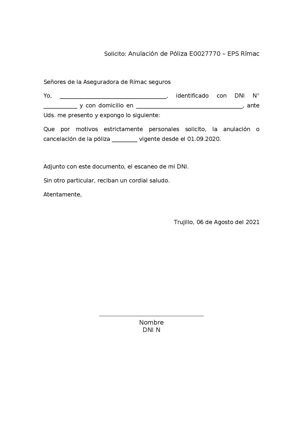 Redaccion de Carta para anulación de polizas de seguros Rimac | Prove ...