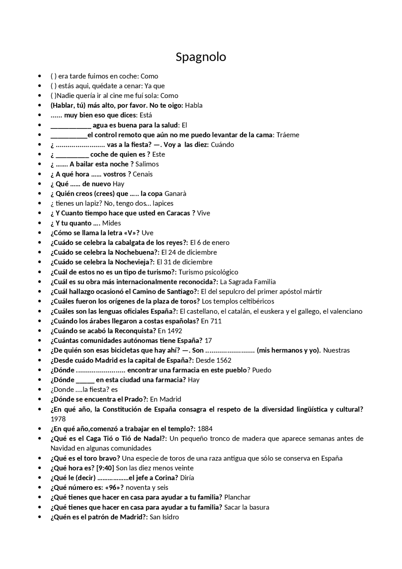 Lingua Spagnola Esame A Scelta Panieri Di Lingua Spagnola Docsity