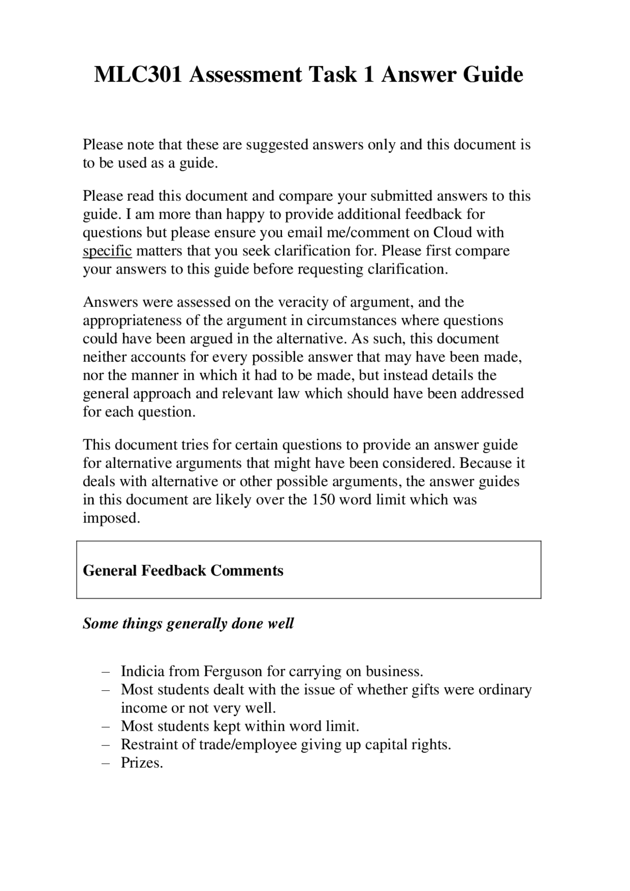 MLC301 Assessment Task 1 Answer Guide | Exams Advanced Education | Docsity