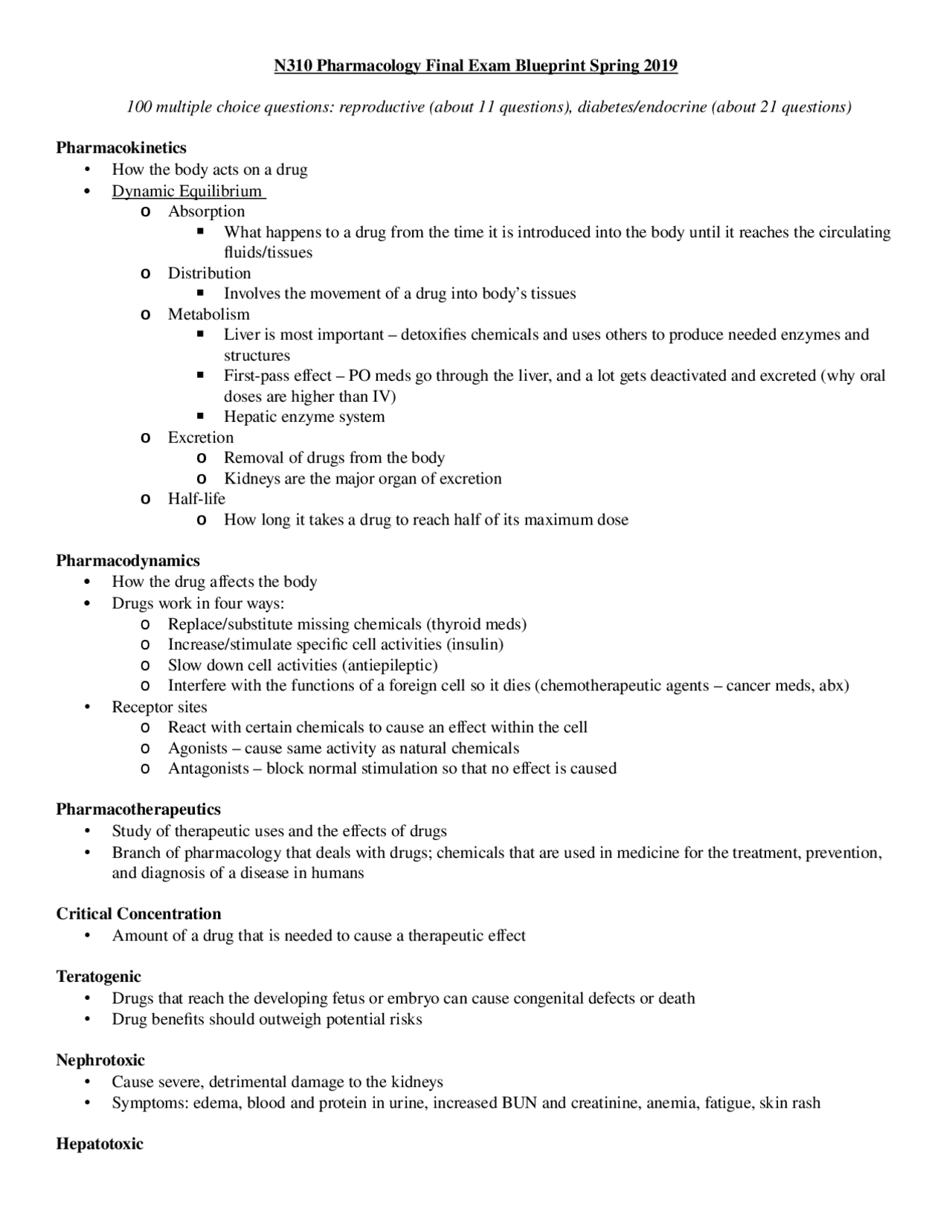 Pharmacology Final Exam Blueprint | Exams Pharmacology | Docsity