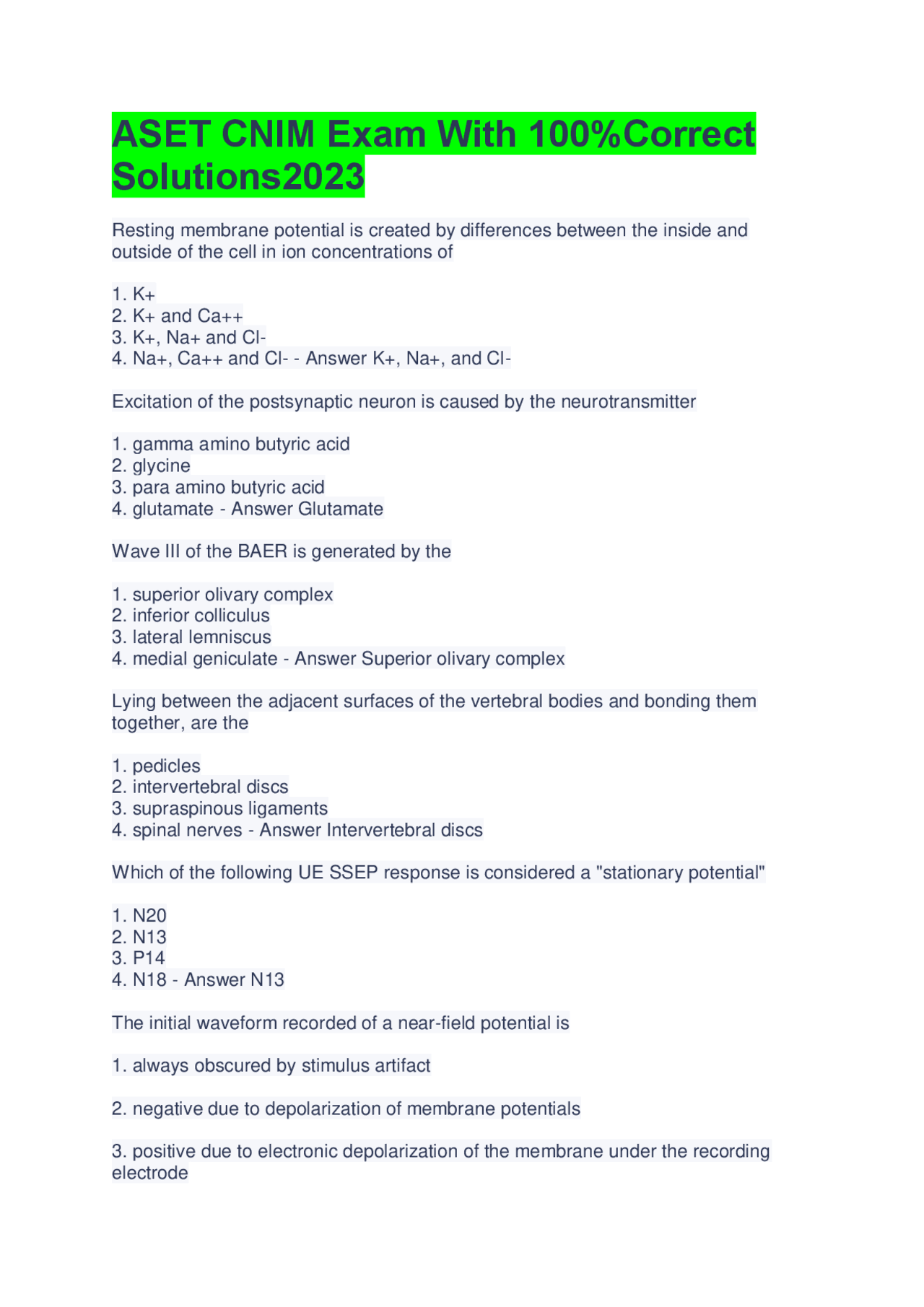 ASET CNIM Exam With 100%Correct Solutions2023 | Exams Nursing | Docsity