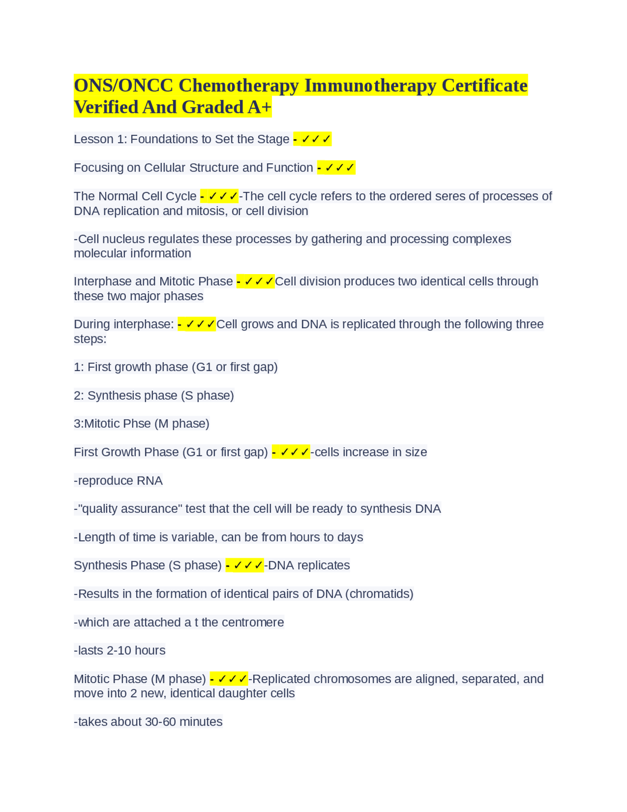 ONS/ONCC Chemotherapy Immunotherapy Certificate Verified And Graded A+ ...