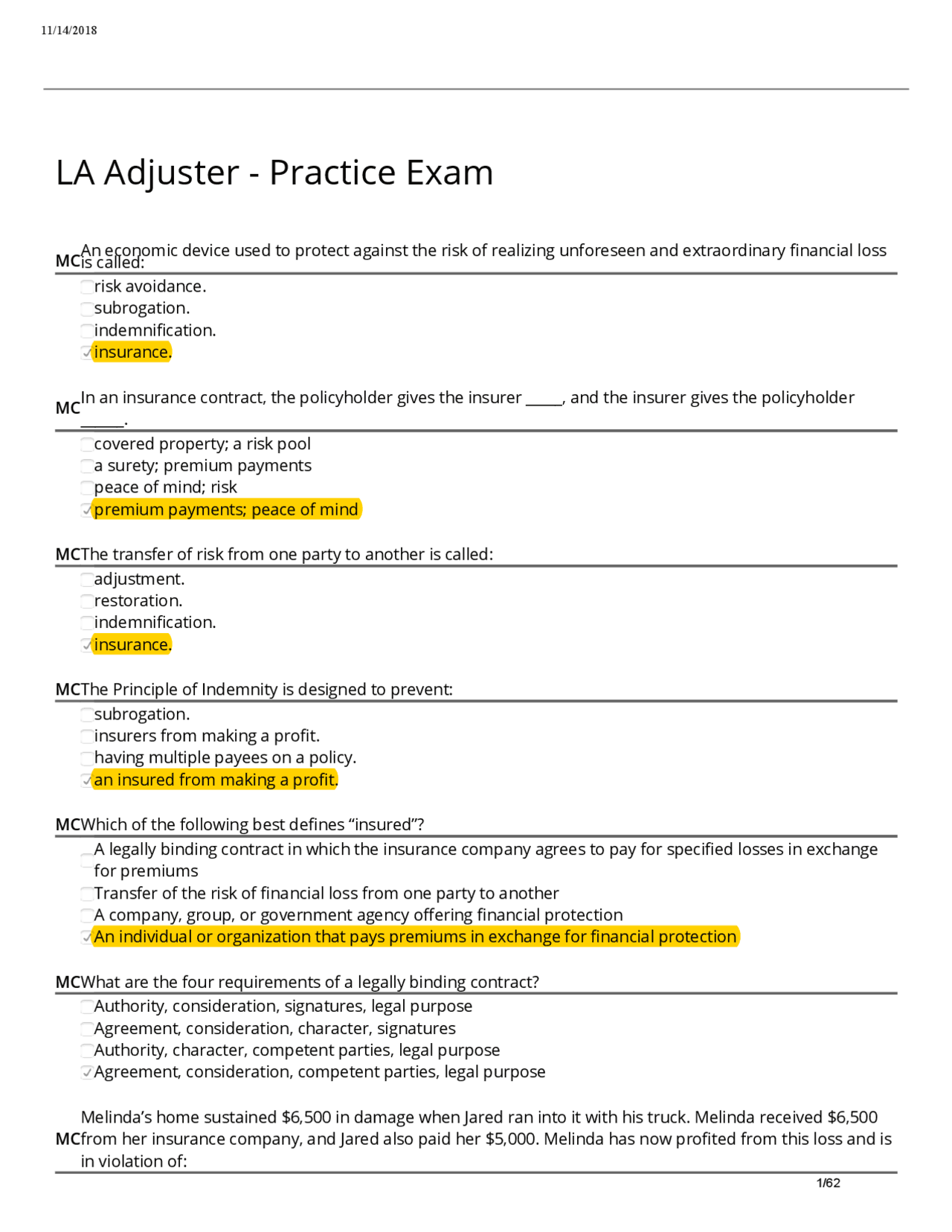 LA Adjuster - Practice Exam 2023 | Exams Advanced Education | Docsity