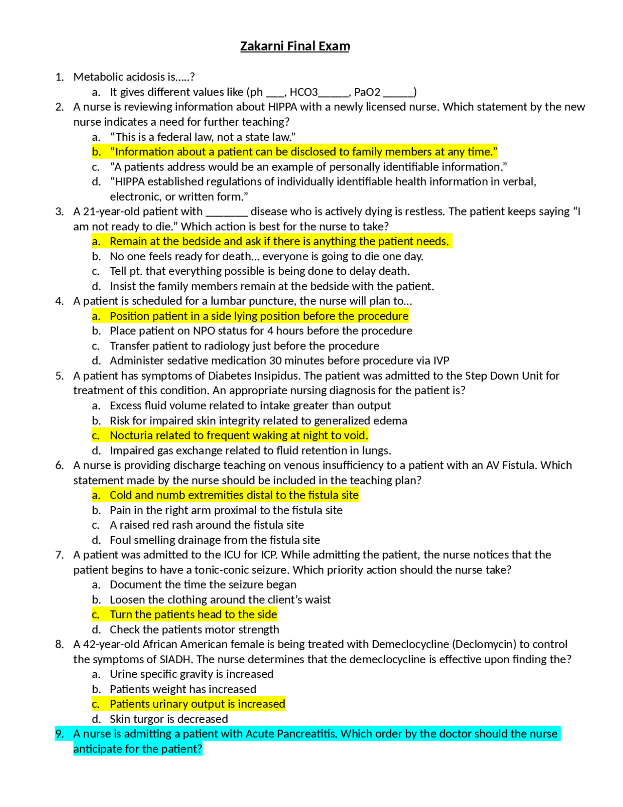 Nursing Final Exam Questions and Answers | Exams Nursing | Docsity