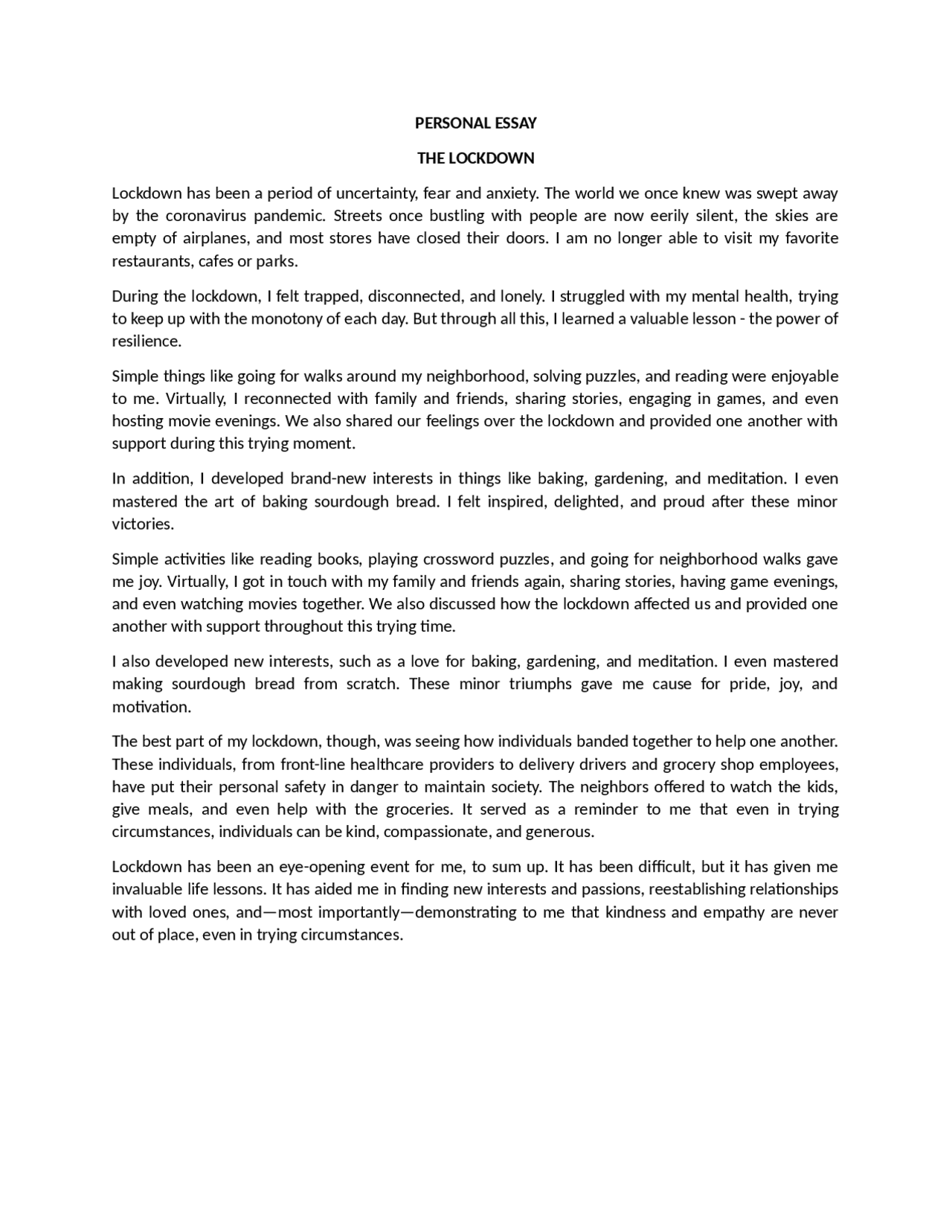 Personal Reflection on Lockdown | Essays (high school) English | Docsity