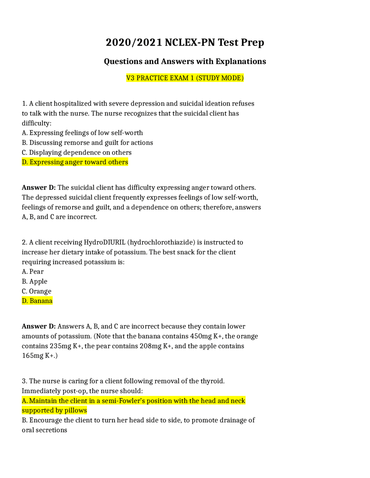 20202021 NCLEX-PN Test Prep V1-V4 PRACTICE EXAM 1 (STUDY MODE) | Exams ...