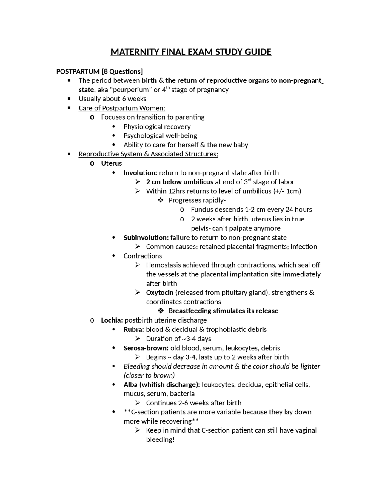 MATERNITY FINAL EXAM STUDY GUIDE | Exams Nursing | Docsity