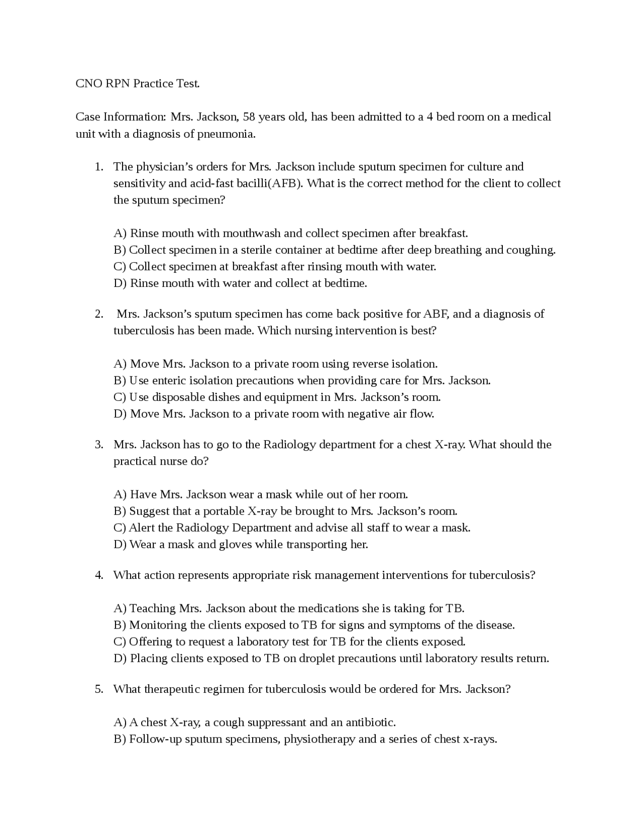 CNO RPN Practice Test Answered | Exams Nursing | Docsity