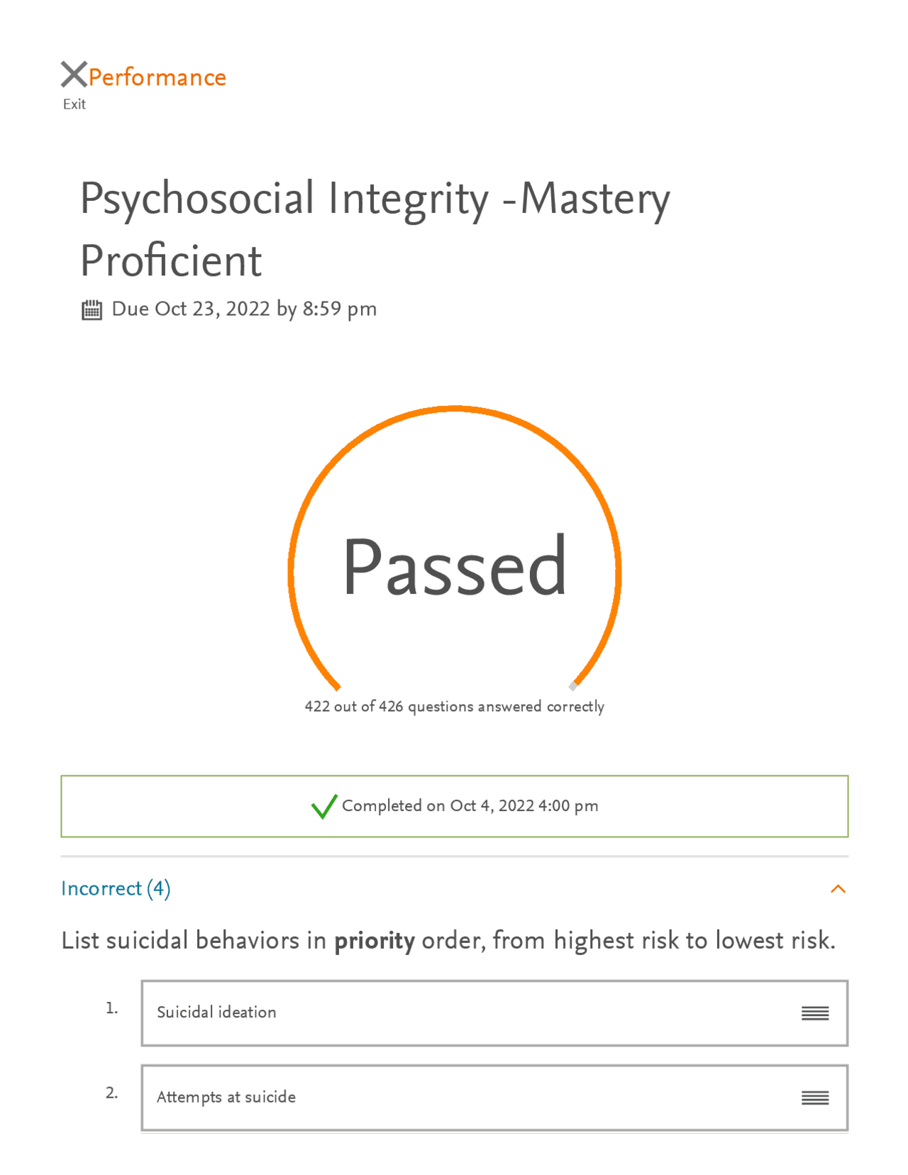 Psychosocial Elsevier Adaptive Quizzing Quiz Performance Questions